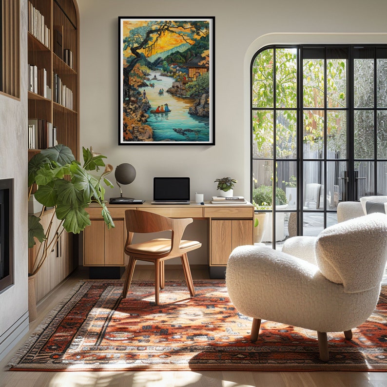 Japanese Riverside Village Wall Art - Samurai and Geisha Decor ...