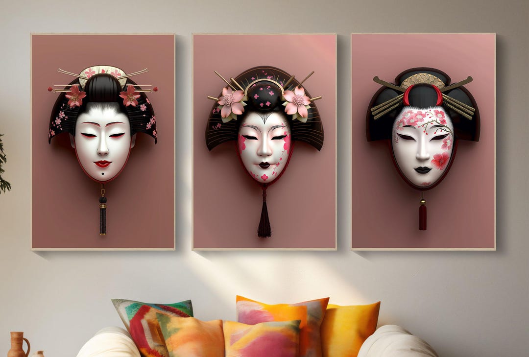 Japanese Geisha Masks Bundle | Elegant Digital Art Collection | Elegant ...