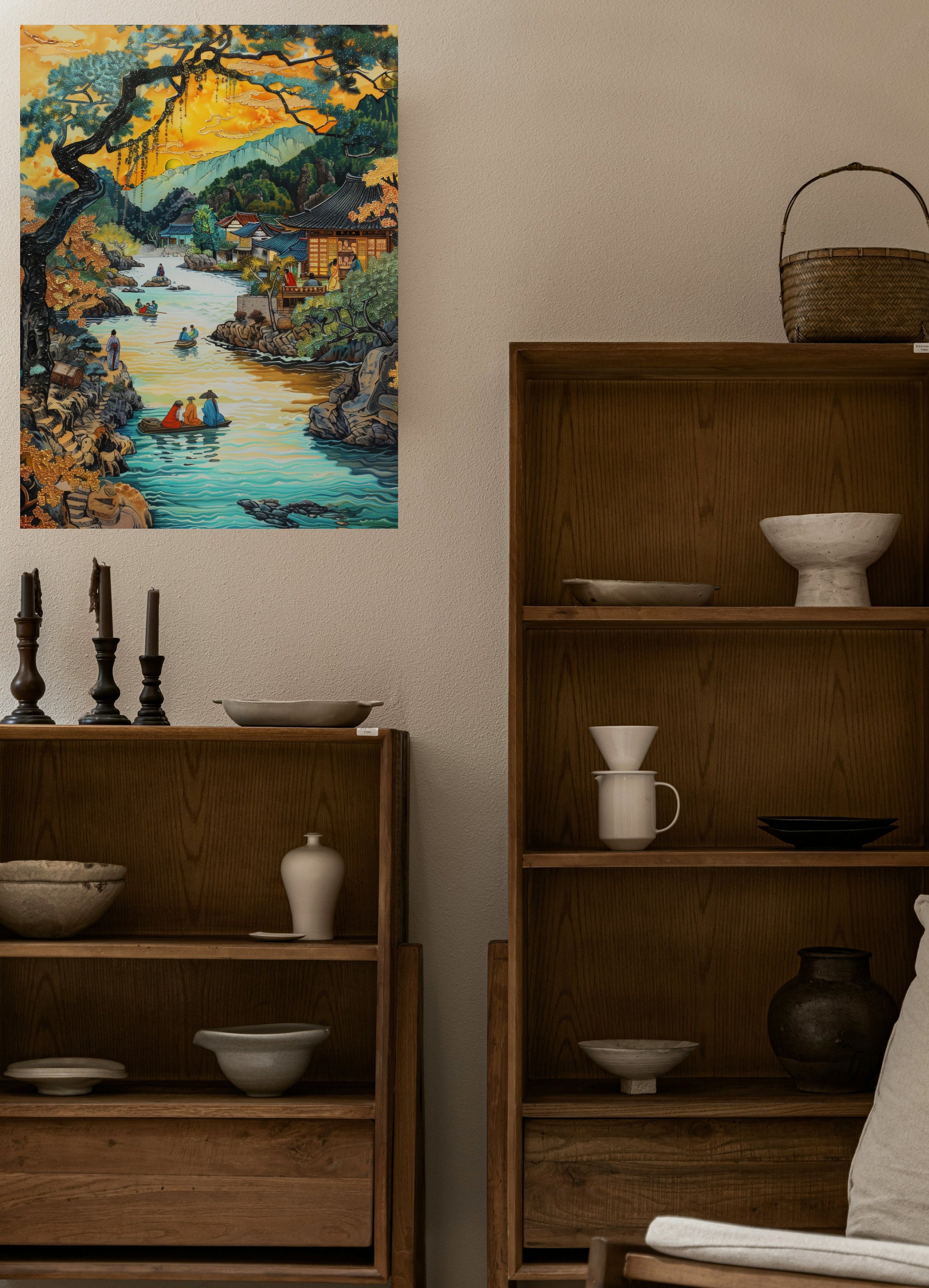 Japanese Riverside Village Wall Art - Samurai and Geisha Decor ...