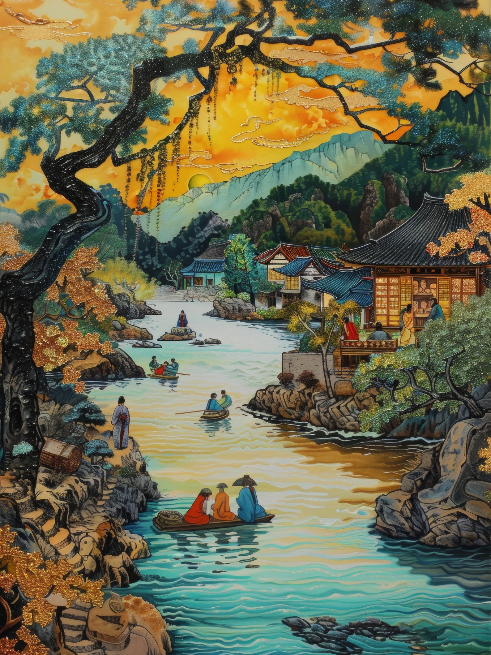 Japanese Riverside Village Wall Art - Samurai and Geisha Decor ...