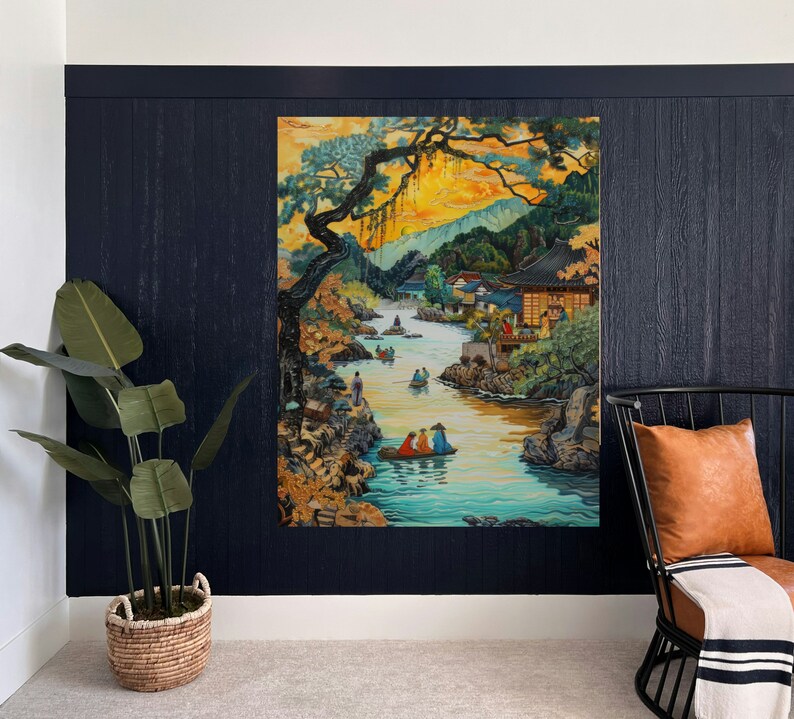 Japanese Riverside Village Wall Art - Samurai and Geisha Decor ...