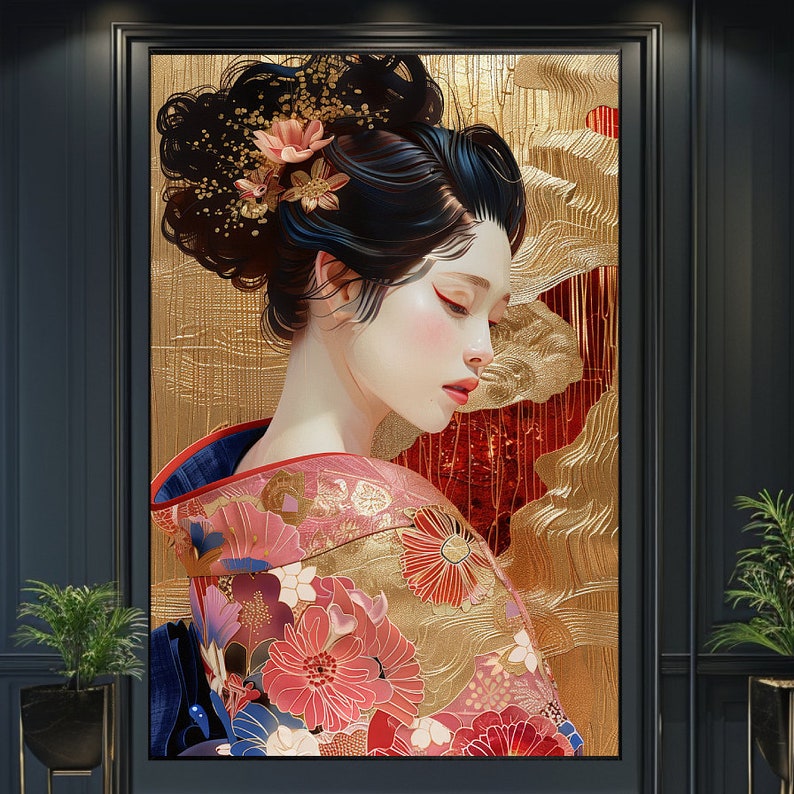 Elegant Japanese Geisha in Gold and Pink Digital Art Print | Feminine ...