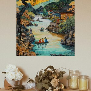 Japanese Riverside Village Wall Art - Samurai and Geisha Decor ...