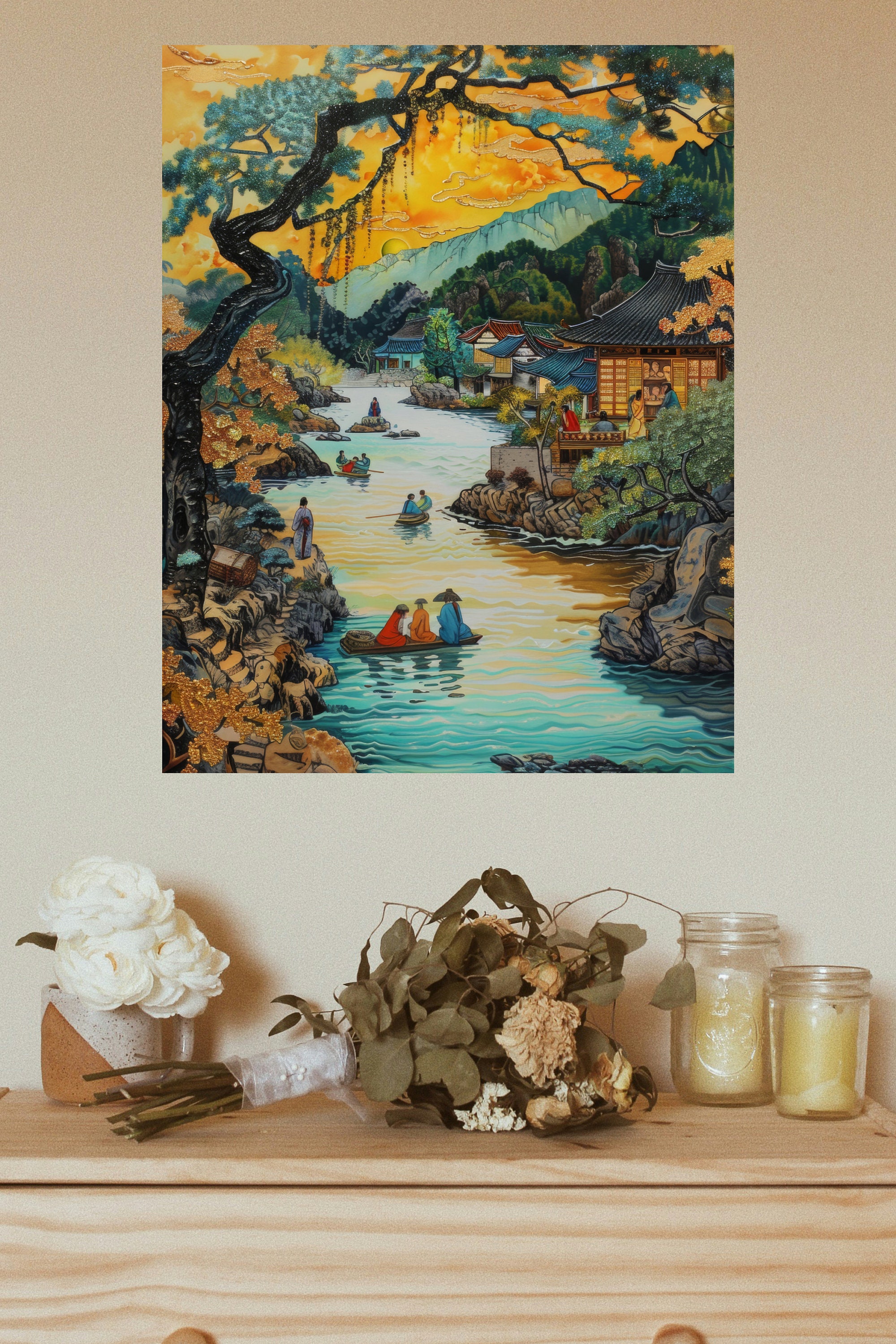 Japanese Riverside Village Wall Art - Samurai and Geisha Decor ...