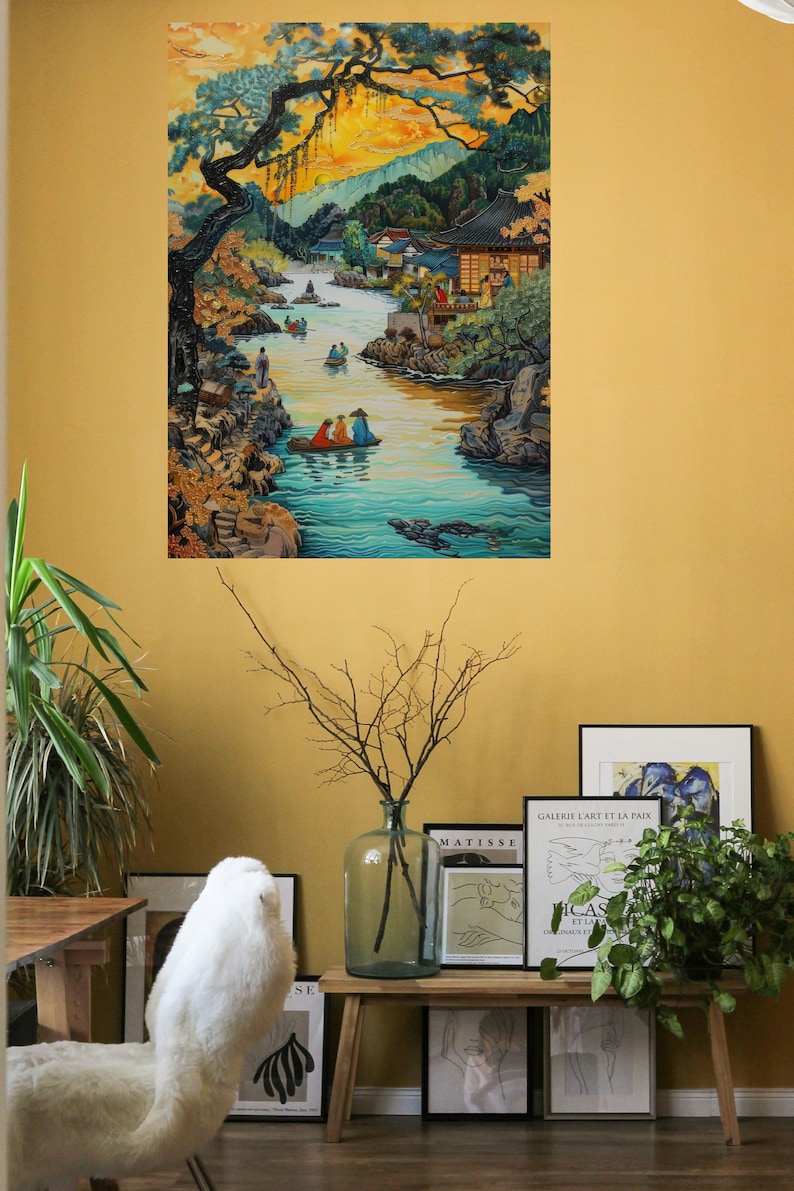 Japanese Riverside Village Wall Art - Samurai and Geisha Decor ...