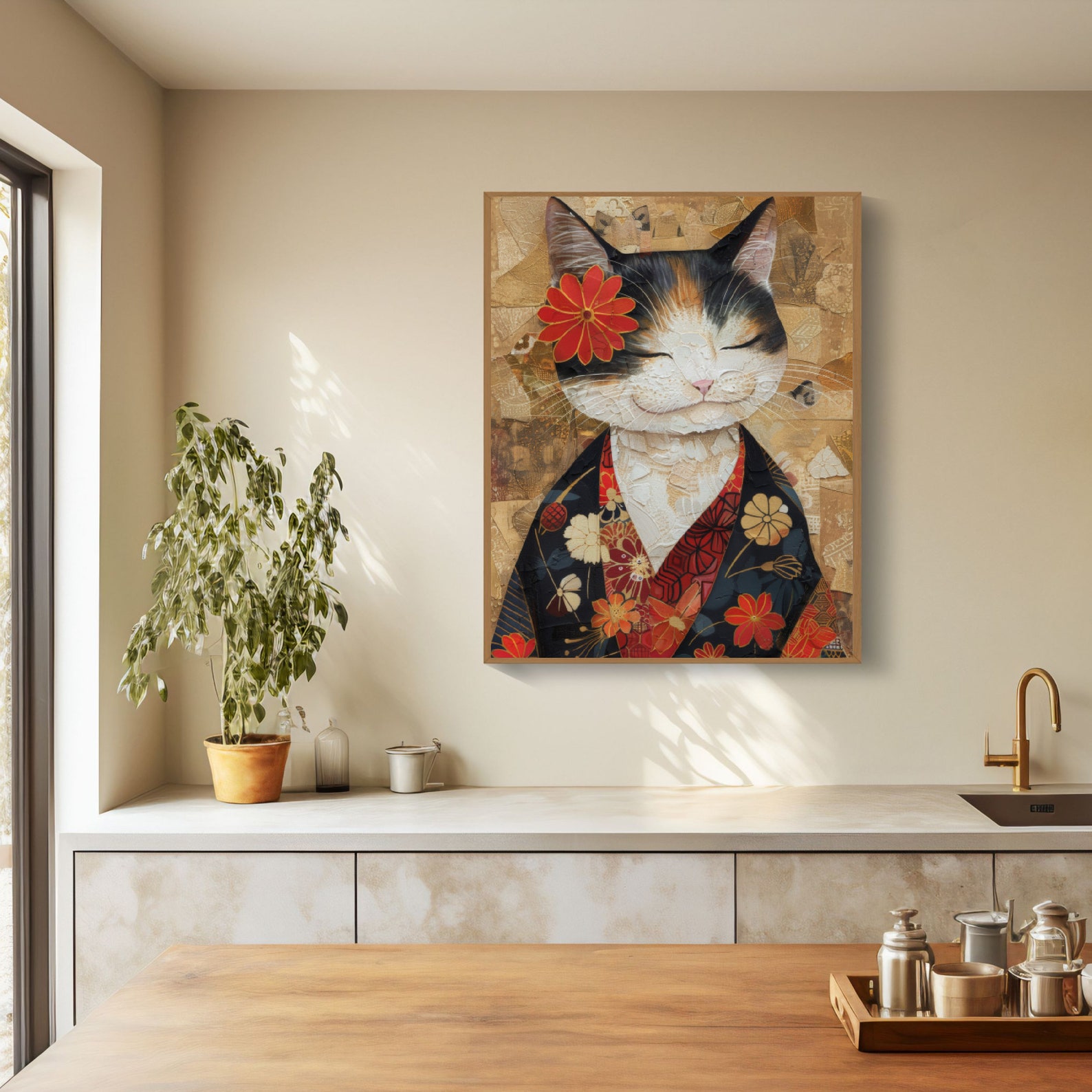 Japanese Inspired Cat Art - Printable Kimono Kitty Digital Painting - Etsy