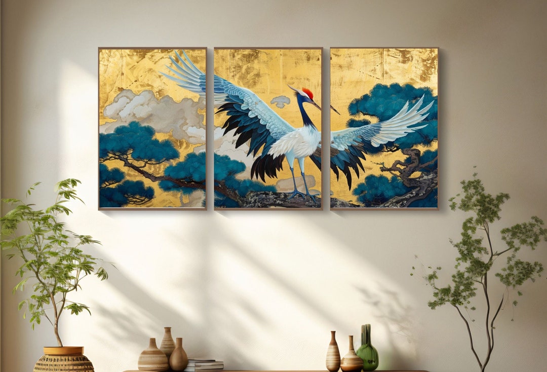 Japanese Crane Art Print Set | Minimalist Modern Wall Decor (digital ...
