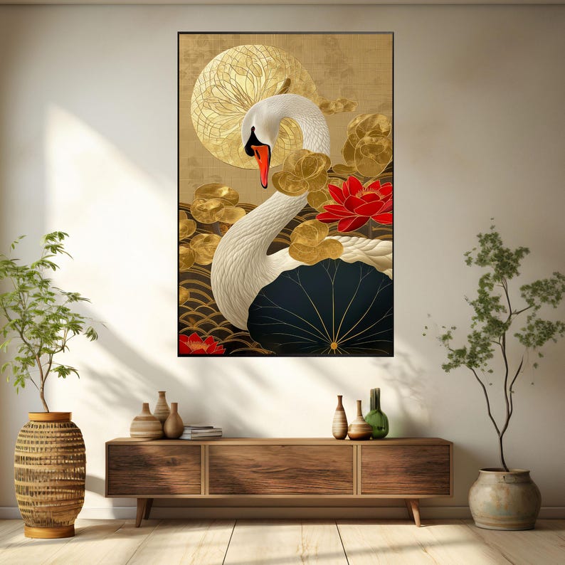 Elegant Swan & Gold Lotus Flower Art Print | Serene Home Decor (digital ...
