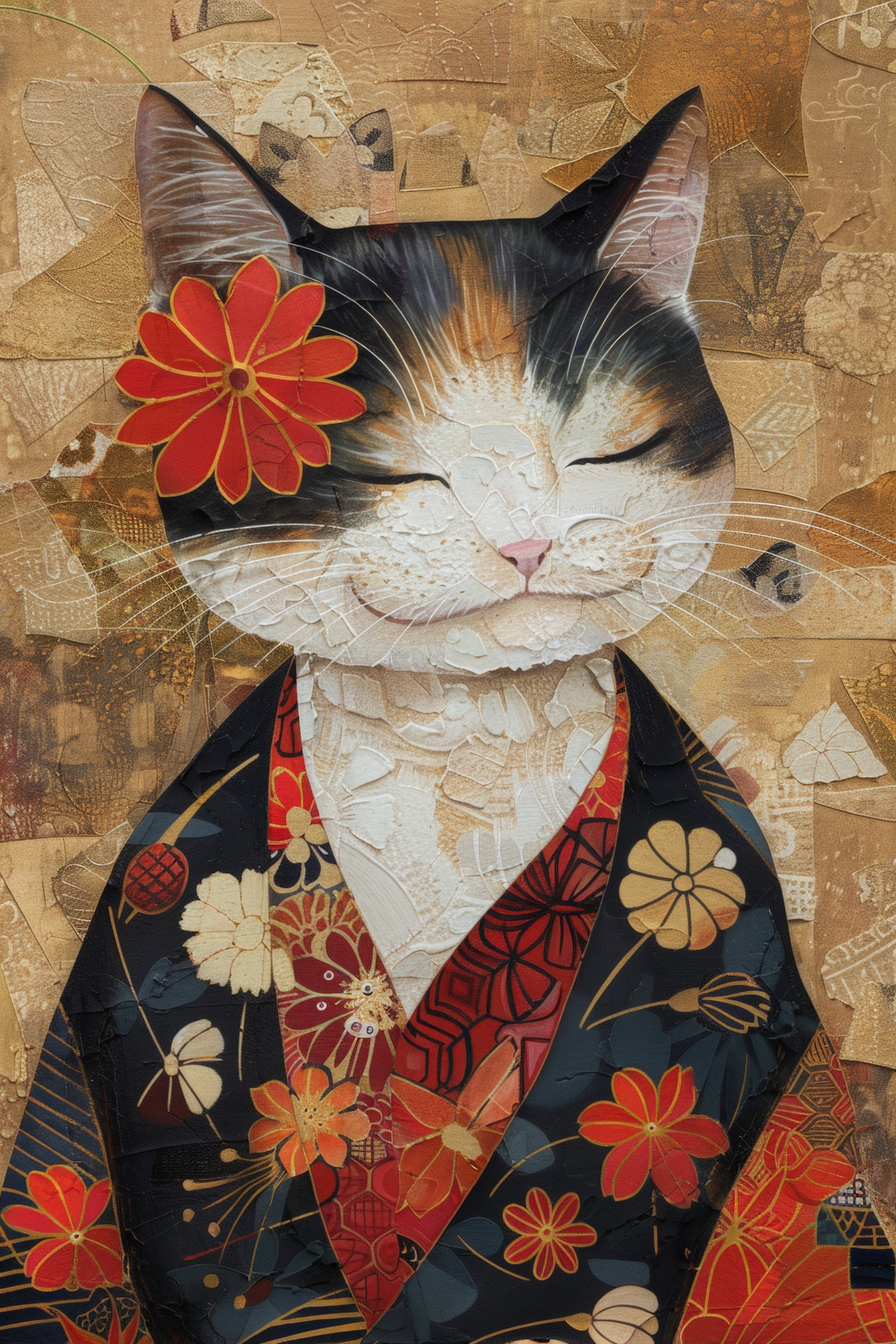 Japanese Inspired Cat Art - Printable Kimono Kitty Digital Painting - Etsy