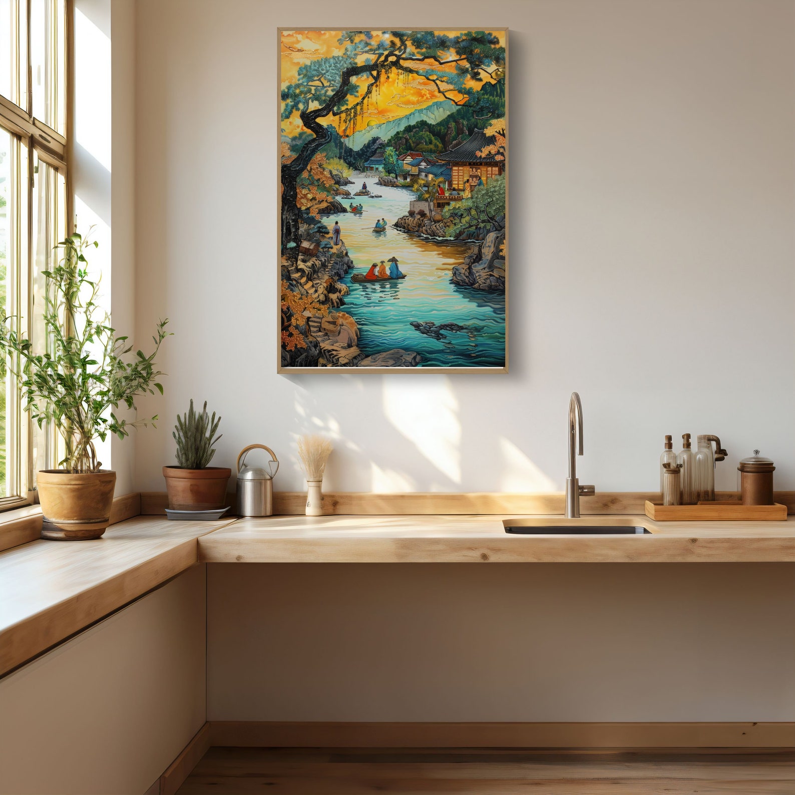 Japanese Riverside Village Wall Art - Samurai and Geisha Decor ...