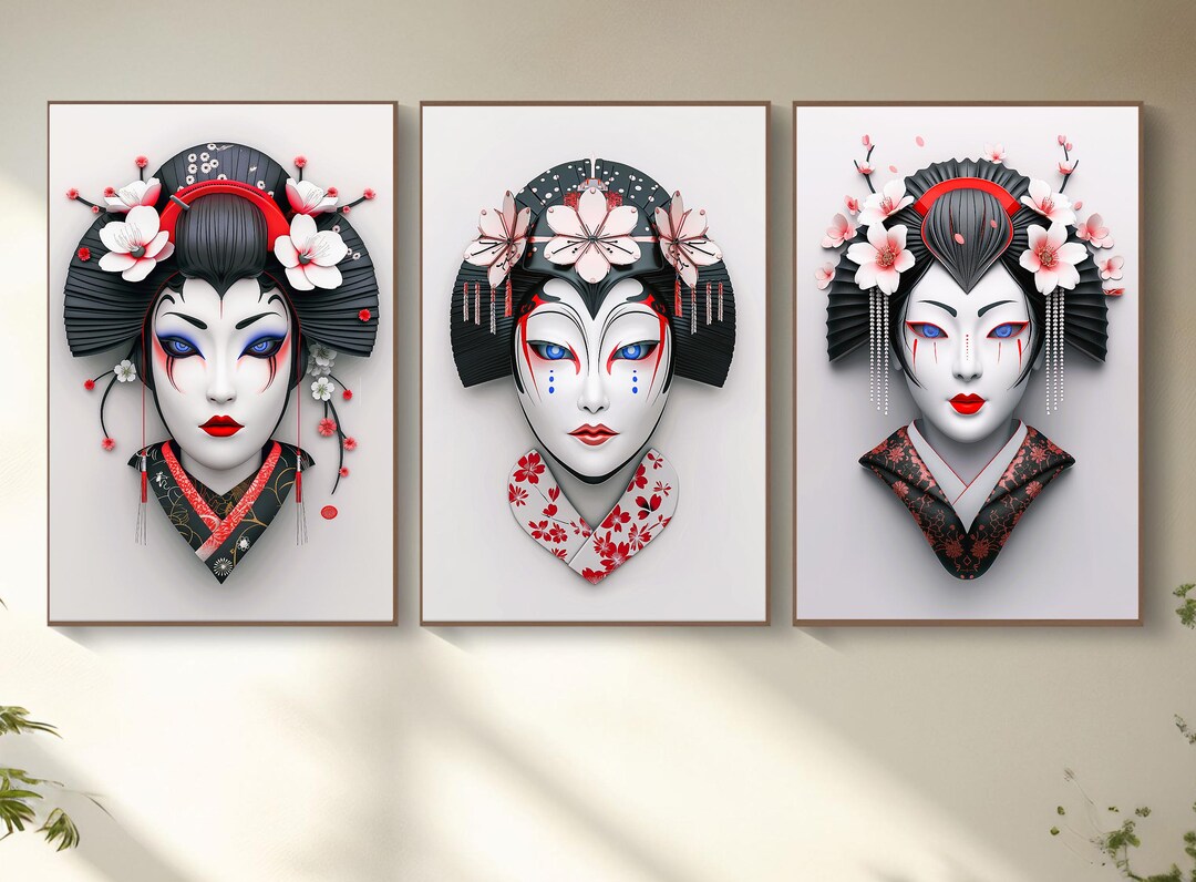 Elegant Geisha Masks: Japanese Digital Art Bundle of 3 | Japanese ...