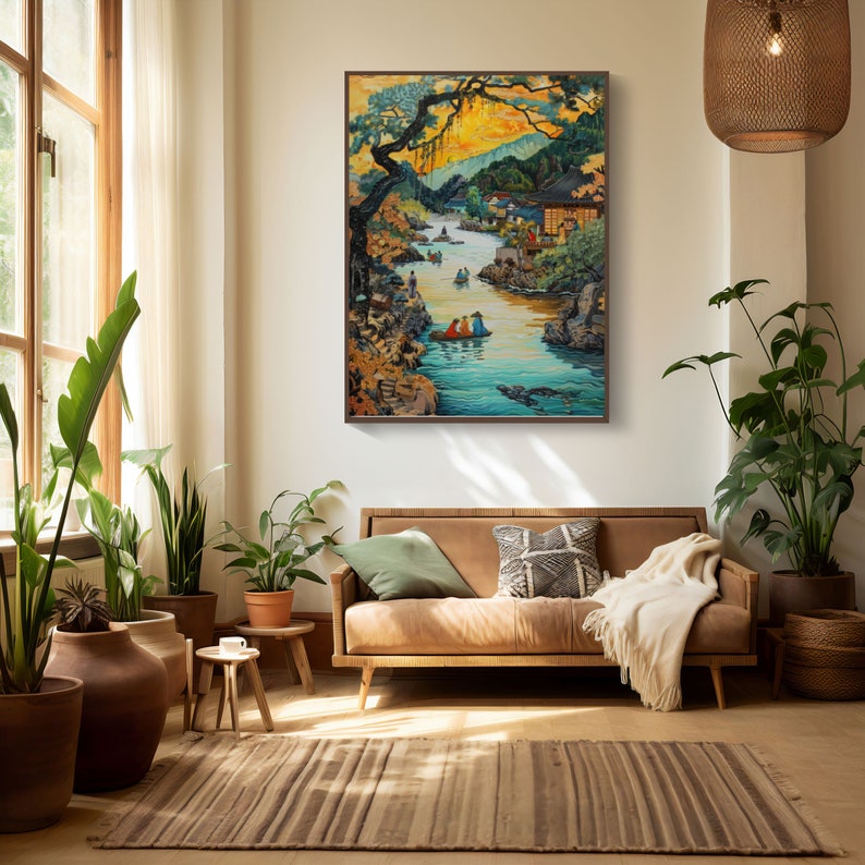 Japanese Riverside Village Wall Art - Samurai and Geisha Decor ...