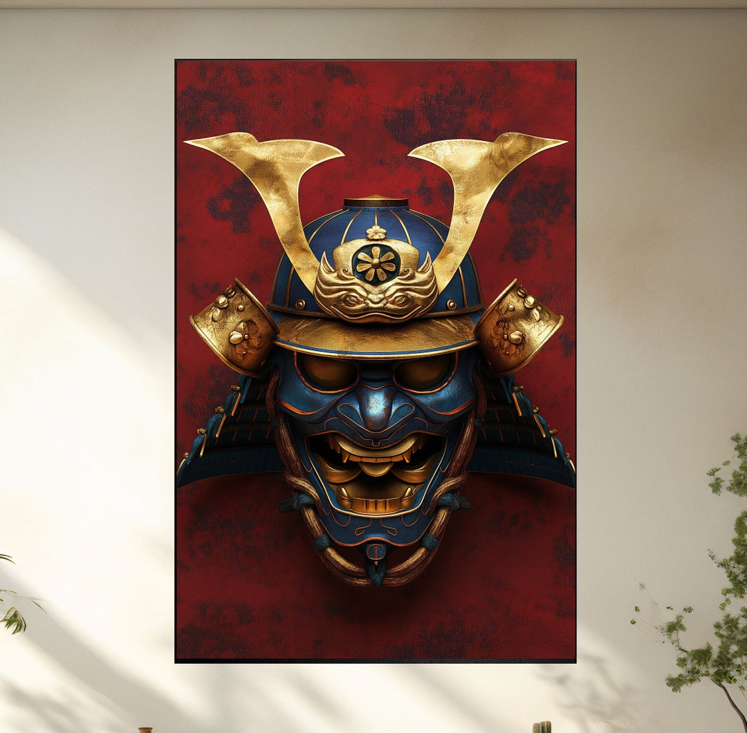 Detailed Samurai Warrior Mask Illustration - Japanese Art Digital Print ...