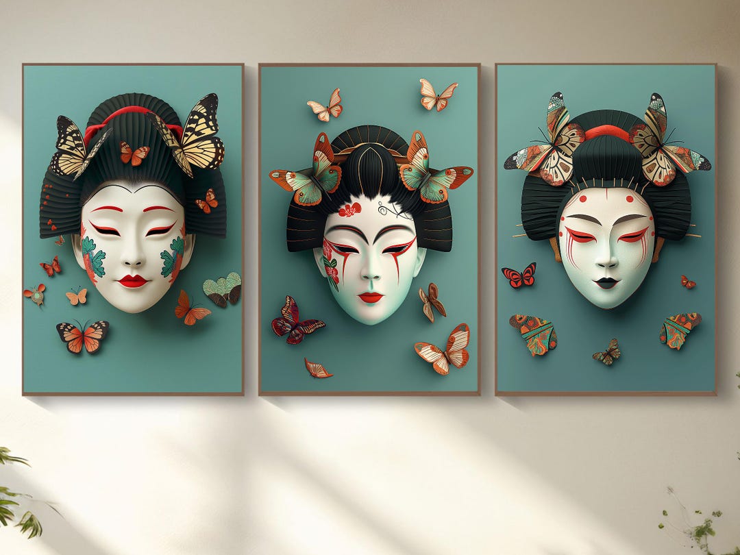 Digital Art Bundle: Japanese Geisha Masks - Elegant Collection of 3 ...
