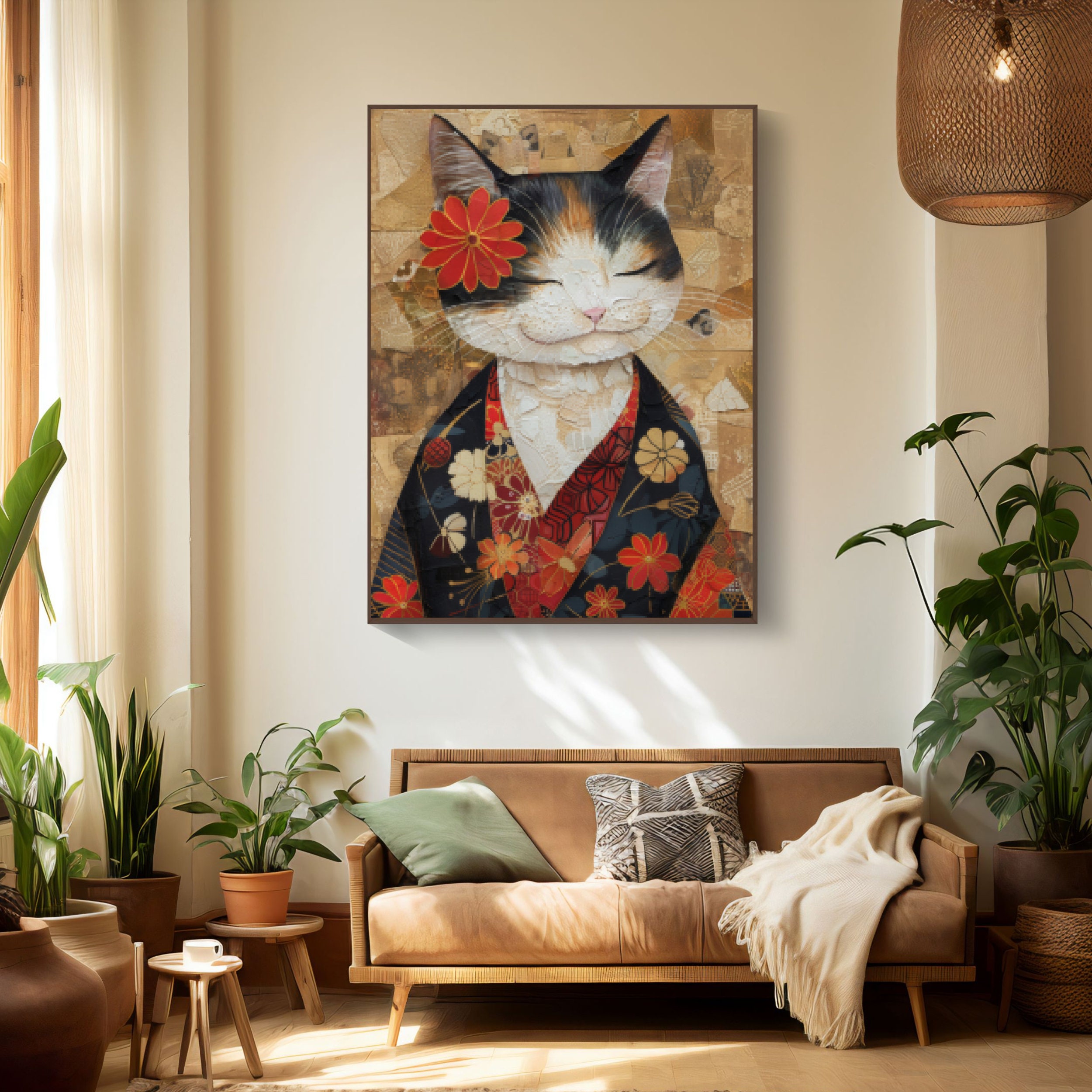 Japanese Inspired Cat Art - Printable Kimono Kitty Digital Painting - Etsy