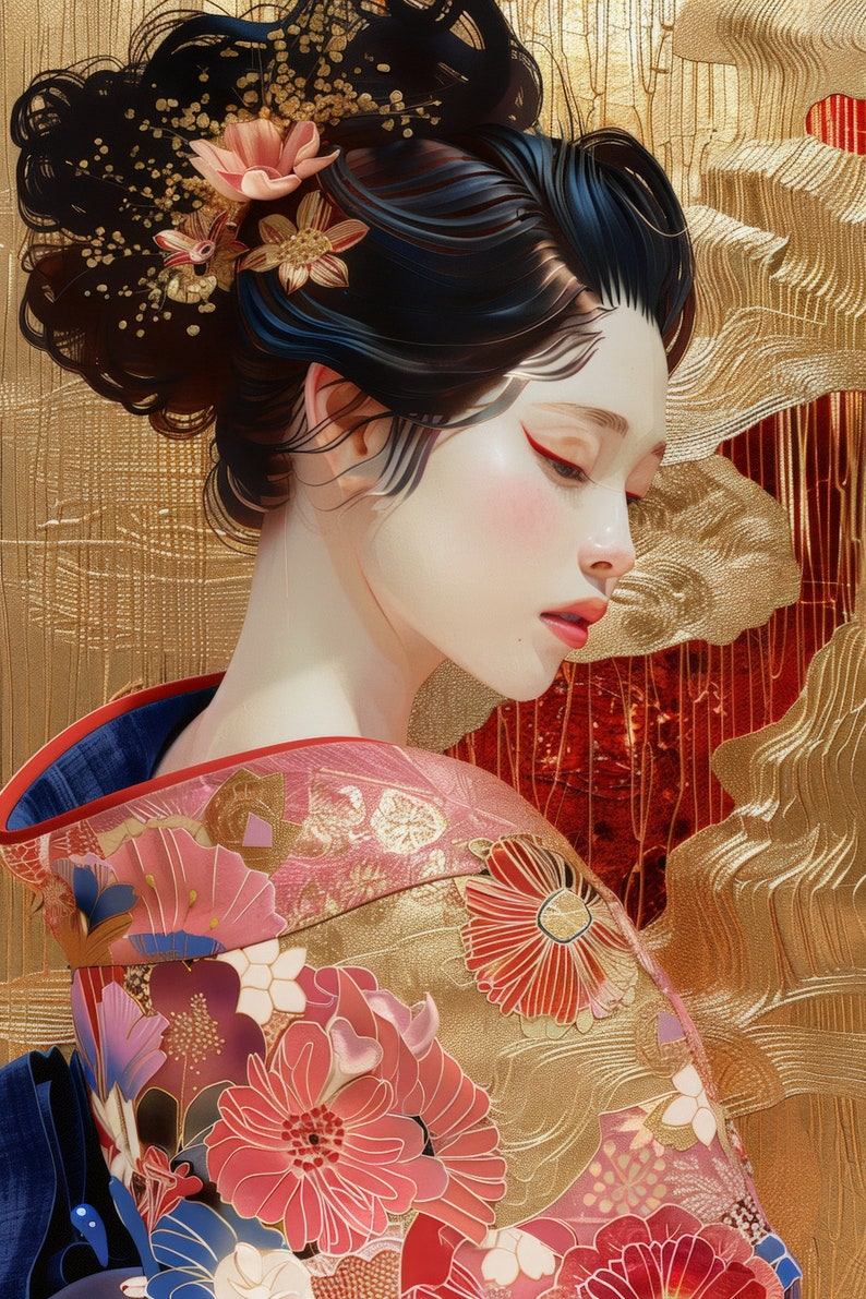 Elegant Japanese Geisha in Gold and Pink Digital Art Print | Feminine ...