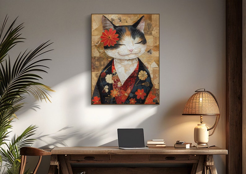 Japanese Inspired Cat Art - Printable Kimono Kitty Digital Painting - Etsy