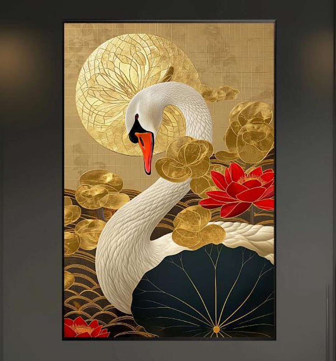 Elegant Swan & Gold Lotus Flower Art Print | Serene Home Decor (digital ...