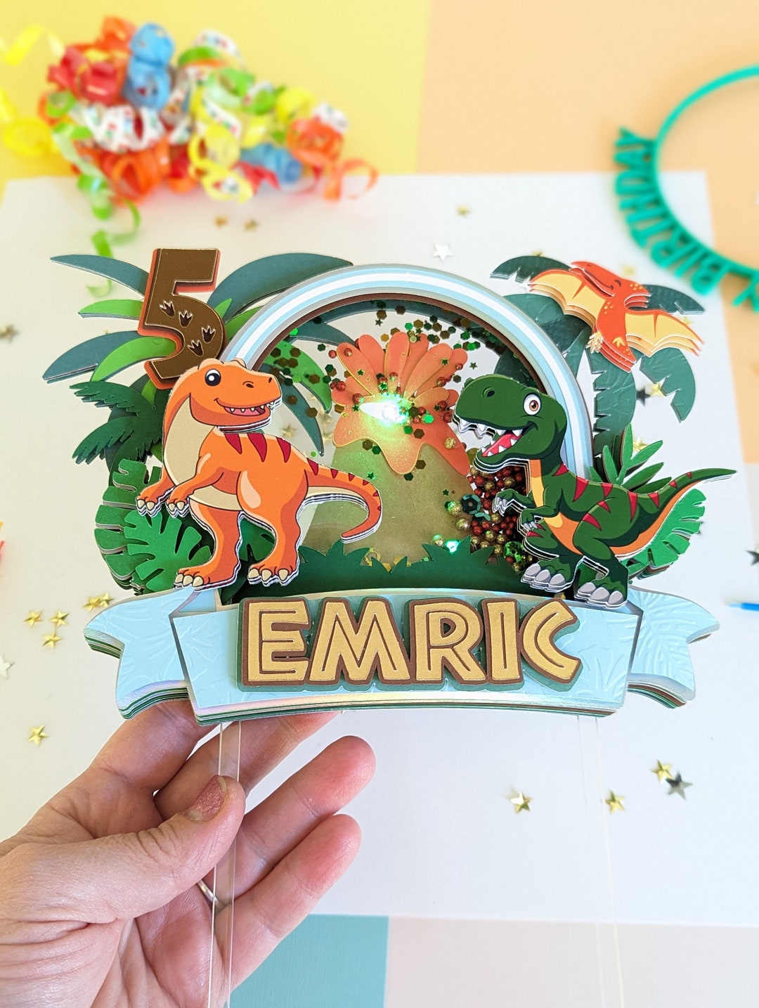 Dinosaur Cake Topper Dinomite Volcano Cake Topper With Conffeti and LED ...