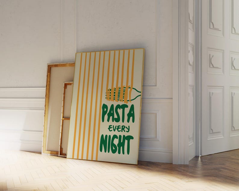 Pasta Night Print, Colourful Spaghetti Wall Art, Modern Kitchen Decor ...