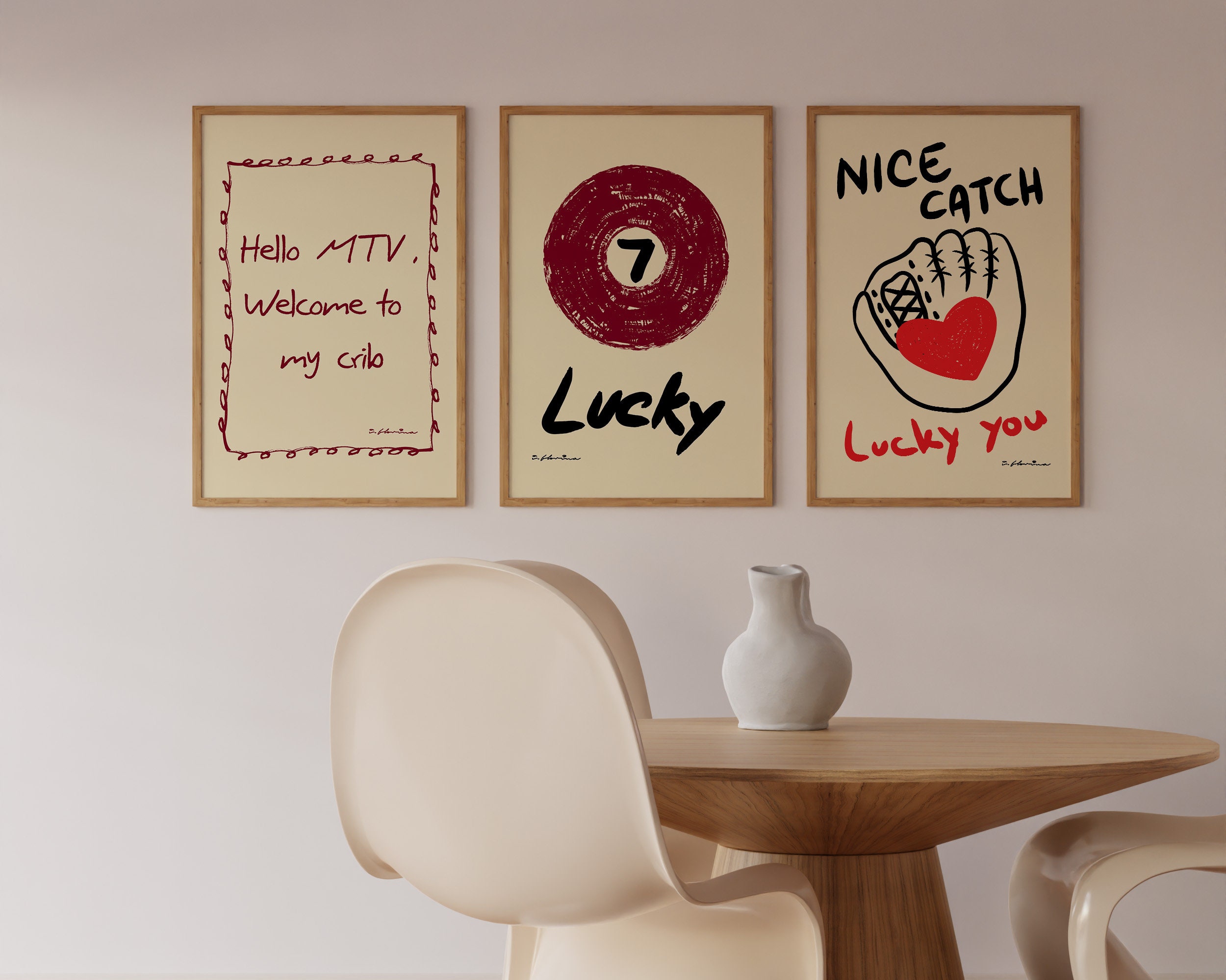 Vintage Pool Ball Print | Lucky Seven Wall Art | Vintage Red Poster ...