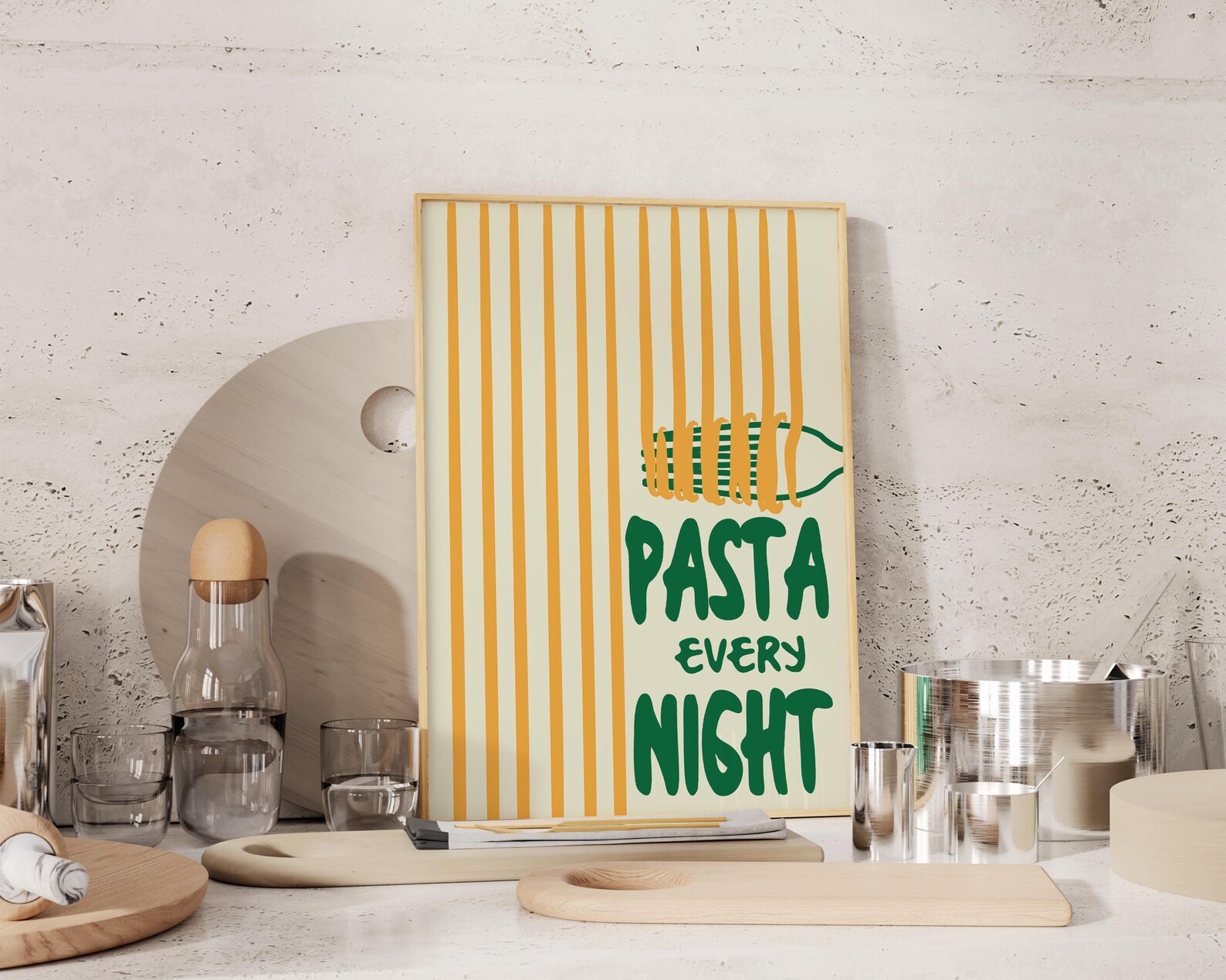 Pasta Night Print, Colourful Spaghetti Wall Art, Modern Kitchen Decor ...