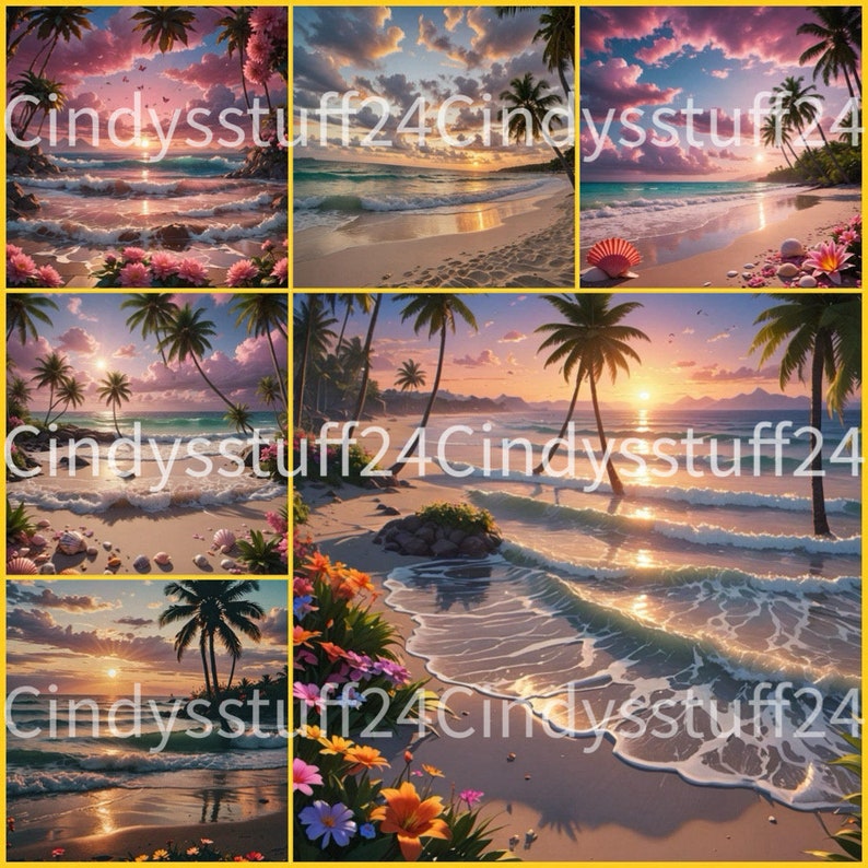 Pastel Beach Digital Art, Sunset, Sea Shells, Palm Trees, Flowers 17 Designs - Etsy