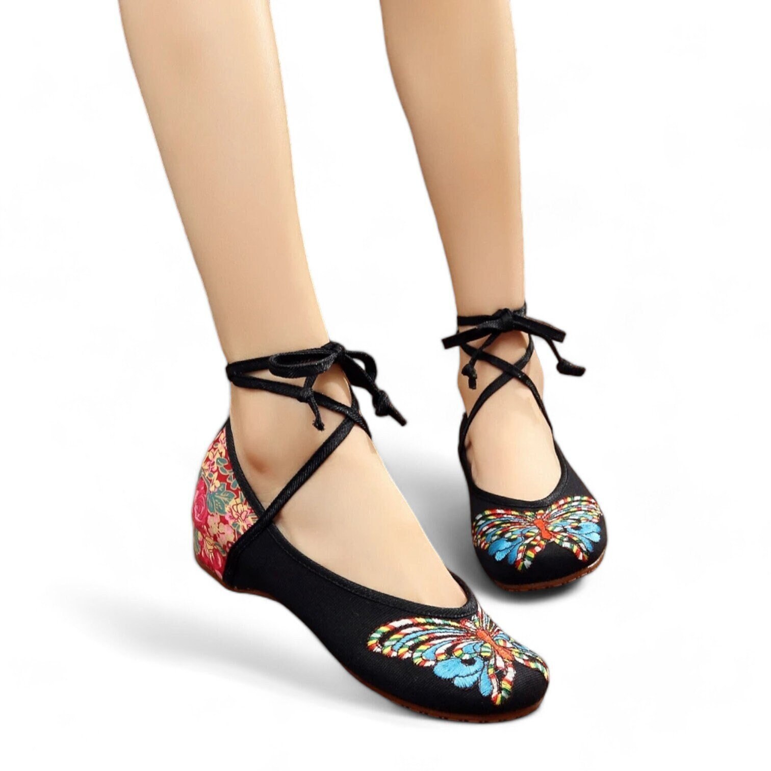 Red Ballet Flats With Colorful Embroidered Butterfly Lace up Ankle ...