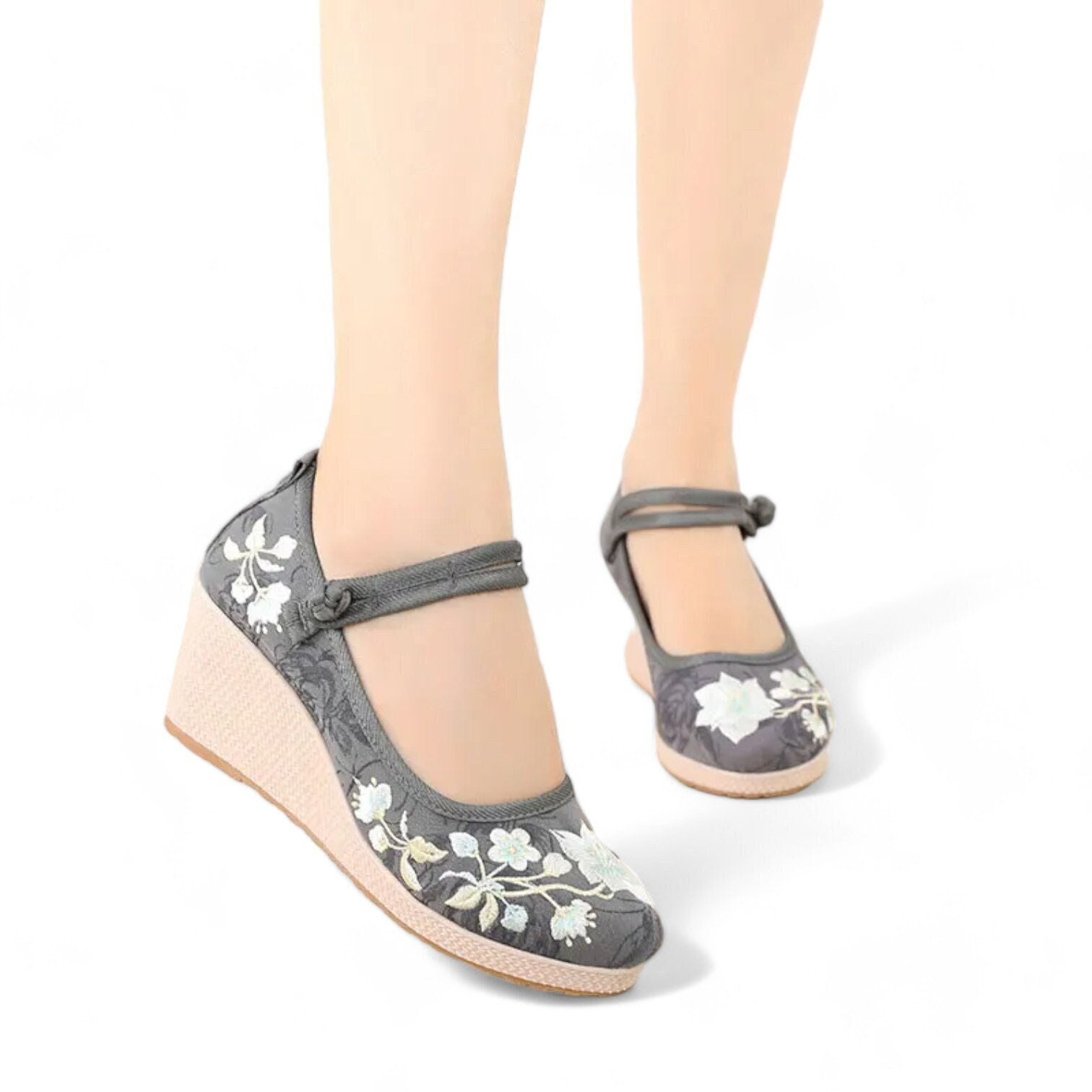 Dark Gray Wedge Platform Heel Shoes for Women Hand Embroidered Floral ...