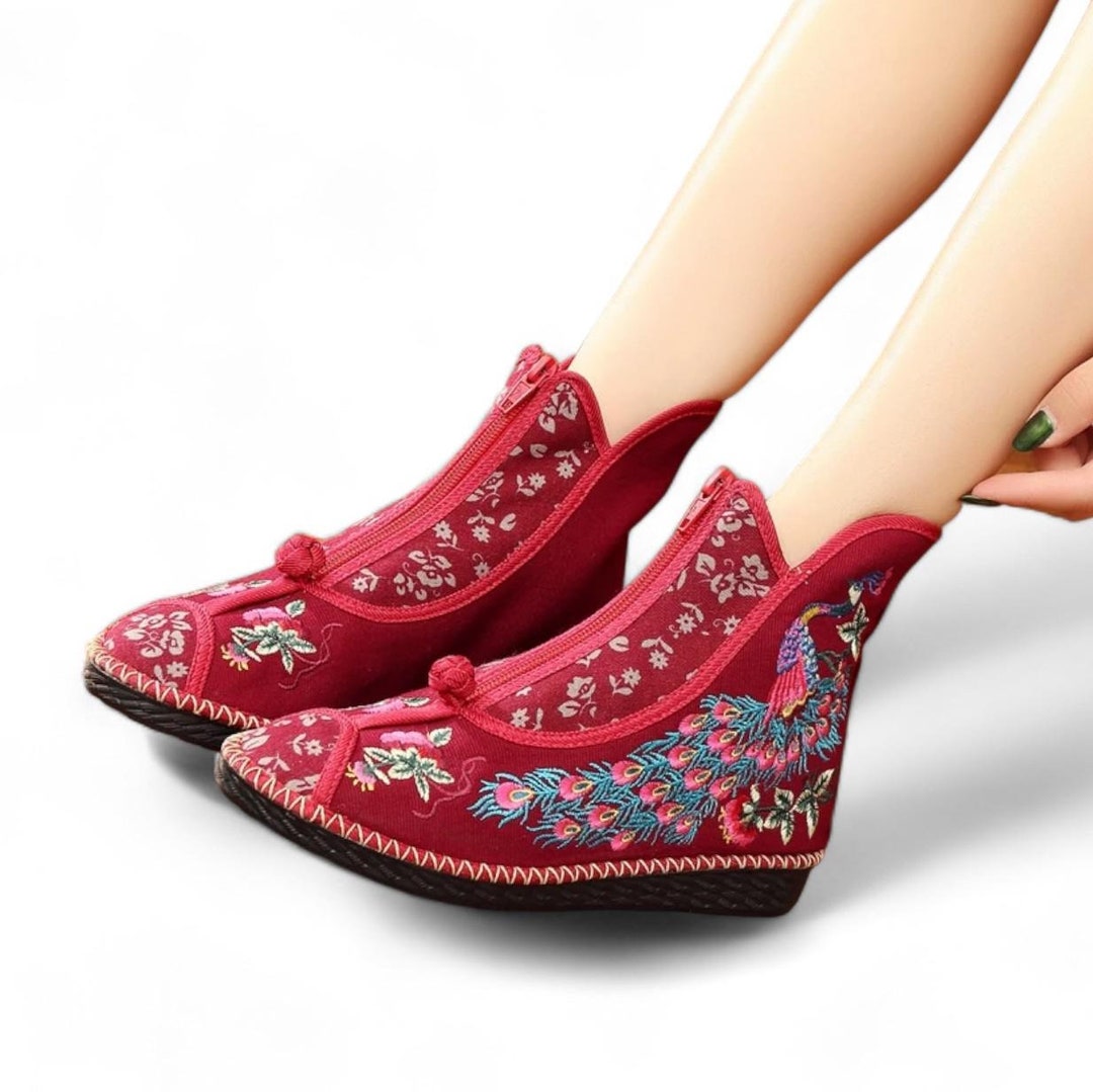 Burgundy Womens Zip- up Ankle Boots With Hand-embroidered Peacock ...