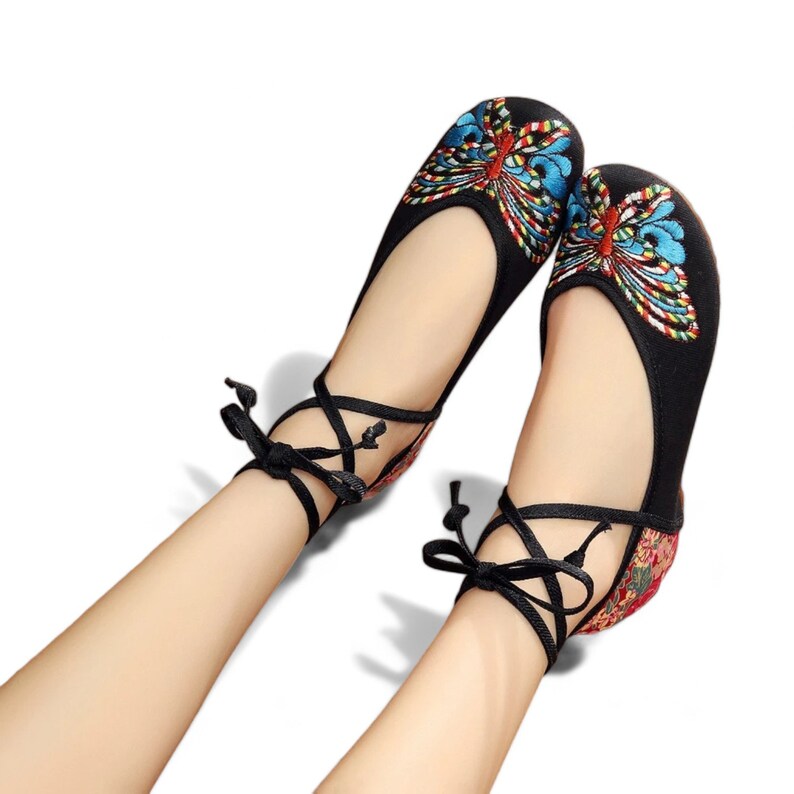 Red Ballet Flats With Colorful Embroidered Butterfly Lace up Ankle ...
