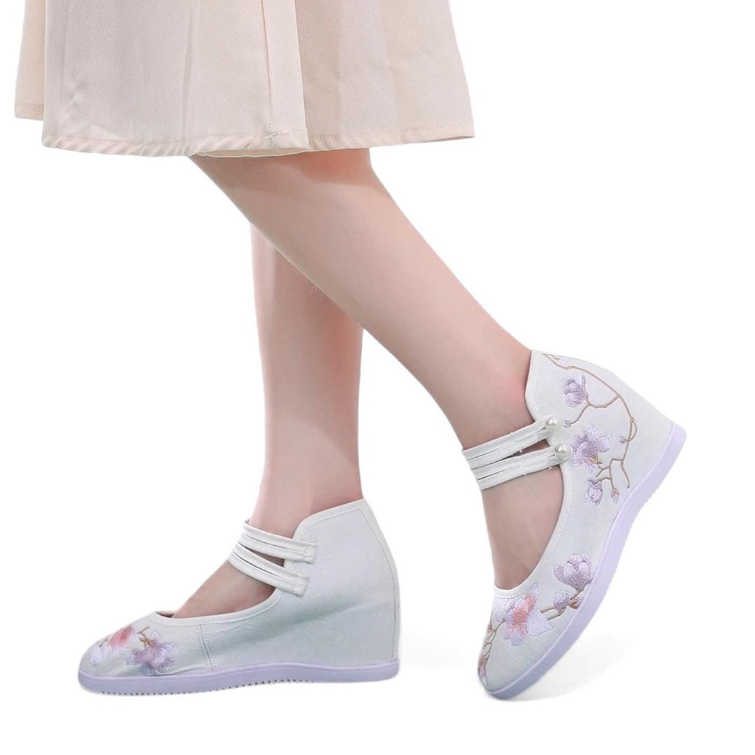 White Womens Hidden Wedge Platform Sandals | Hand Embroidered Floral ...