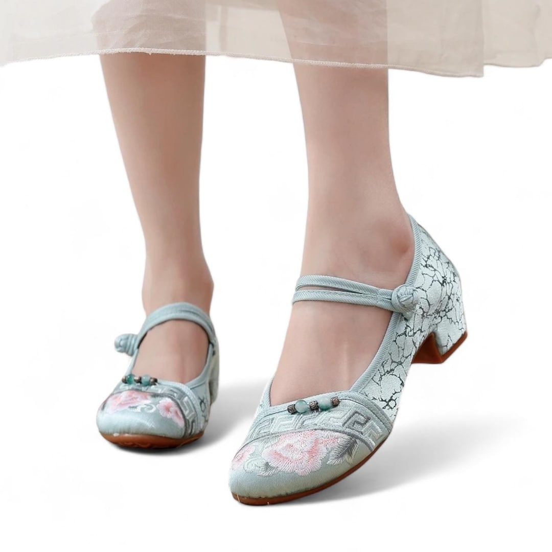 Teal Women Low Block Heels | Hand Embroidered Pink Flower Mary Jane ...