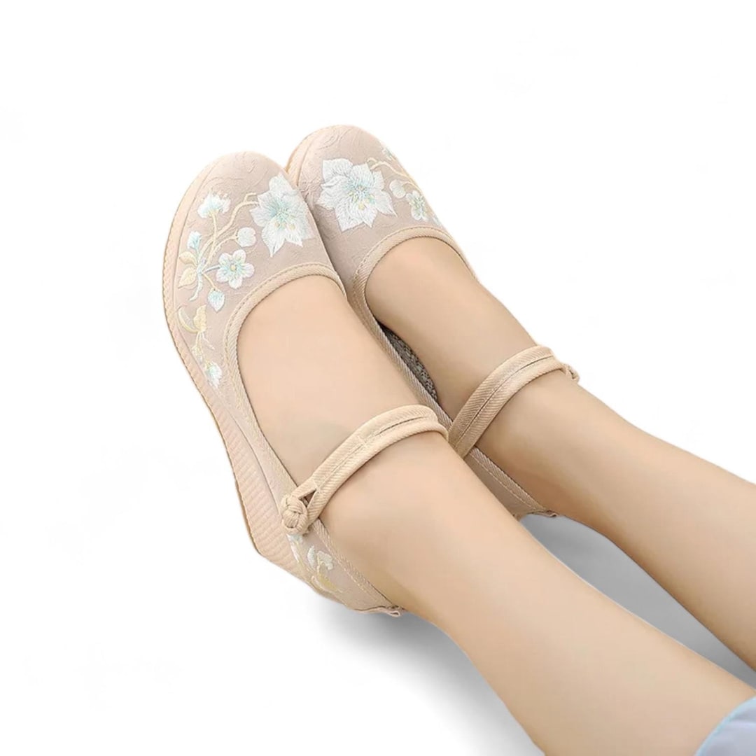 Beige Wedge Platform Heel Shoes For Women Hand Embroidered Floral