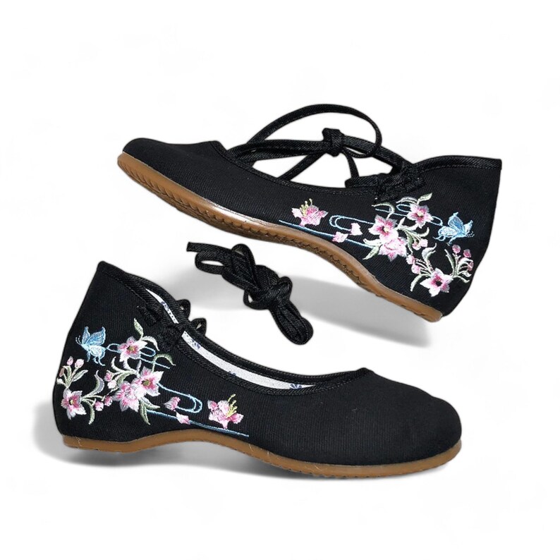 Black Ballet Flats Embroidered Comfortable Canvas Flats Casual ...