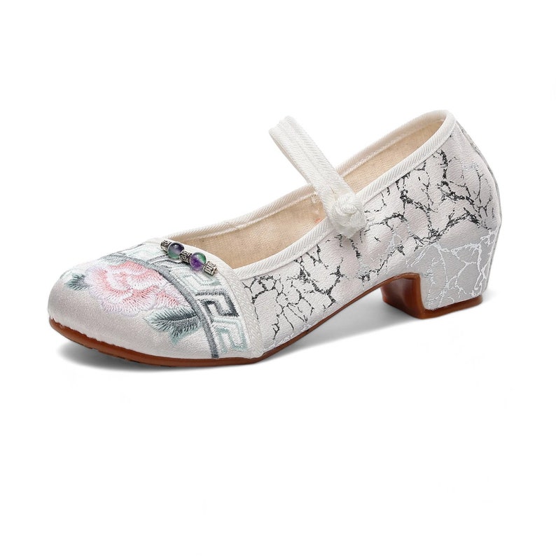 Cream White Womens Low Block Heels Hand Embroidered Pink Flower Mary ...