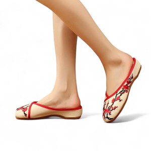 White & Red Embroidered Slippers With Sakura Plum Blossom Design ...
