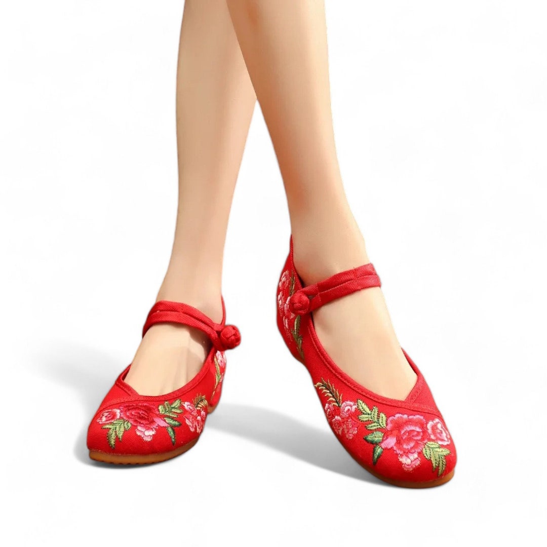 Red Roses Embroidered Ballet Flats Red Slip-on Shoes Red Women's ...