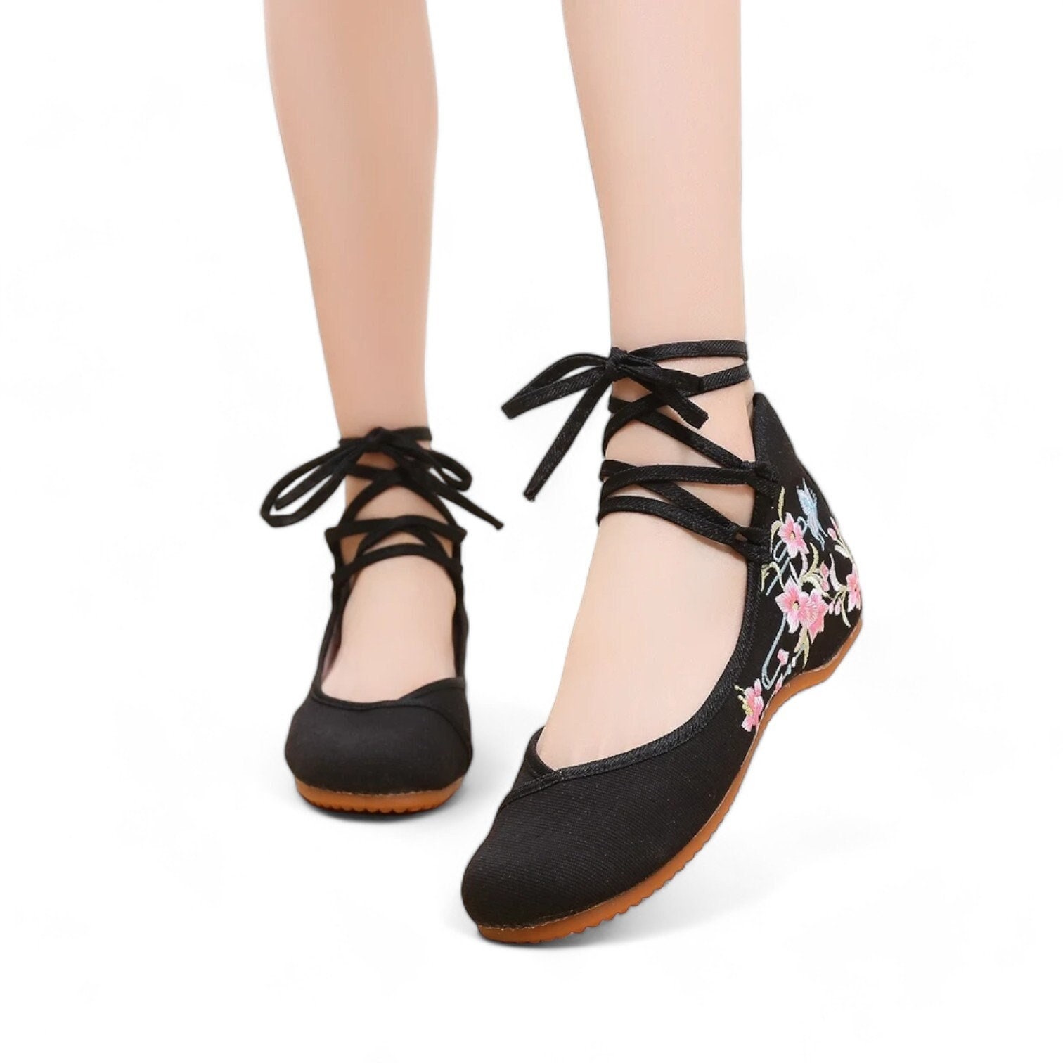 Black Ballet Flats Embroidered Comfortable Canvas Flats Casual ...