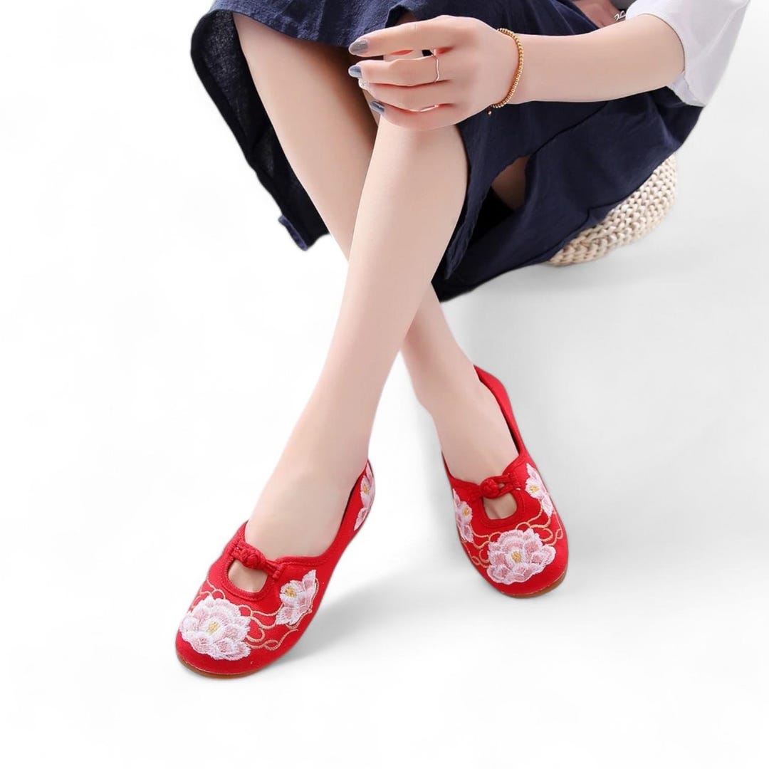 Red Ballet Flats With Pink Lotus Embroidery | Red Women's Shoes ...