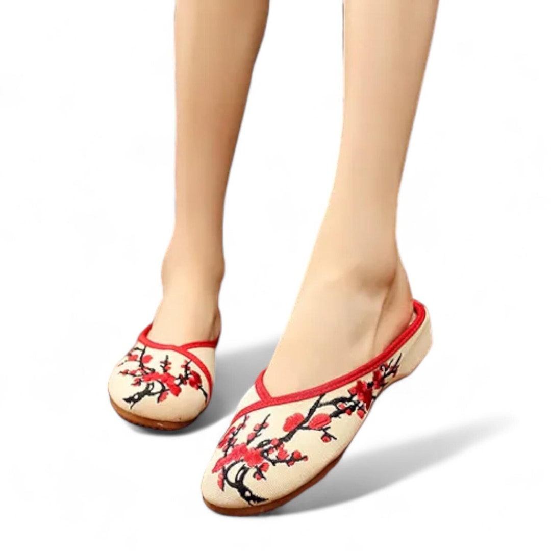 White & Red Embroidered Slippers With Sakura Plum Blossom Design ...