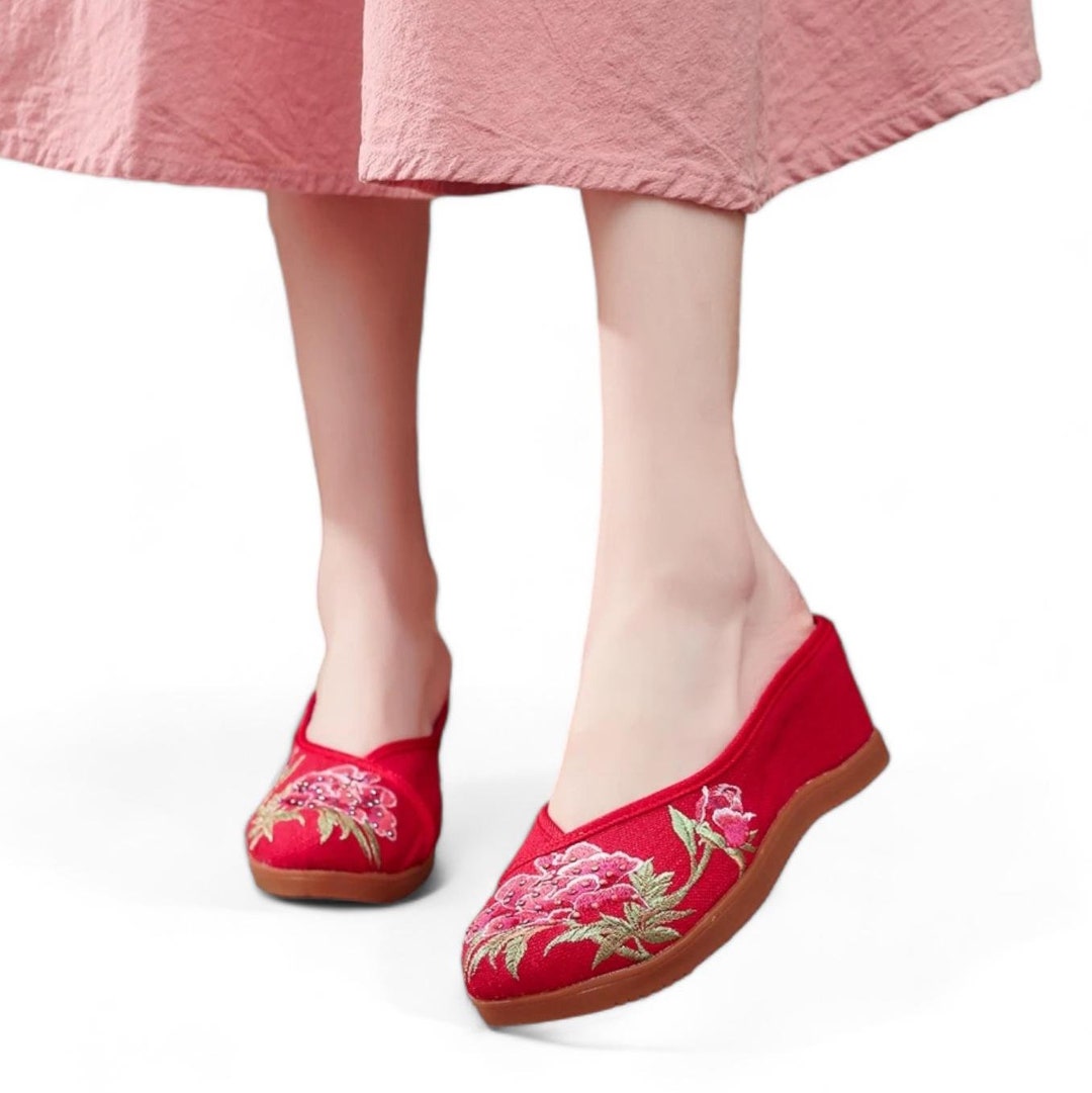 Red Women's Cotton Canvas Slippers With Rhinestones | Hidden Wedge ...