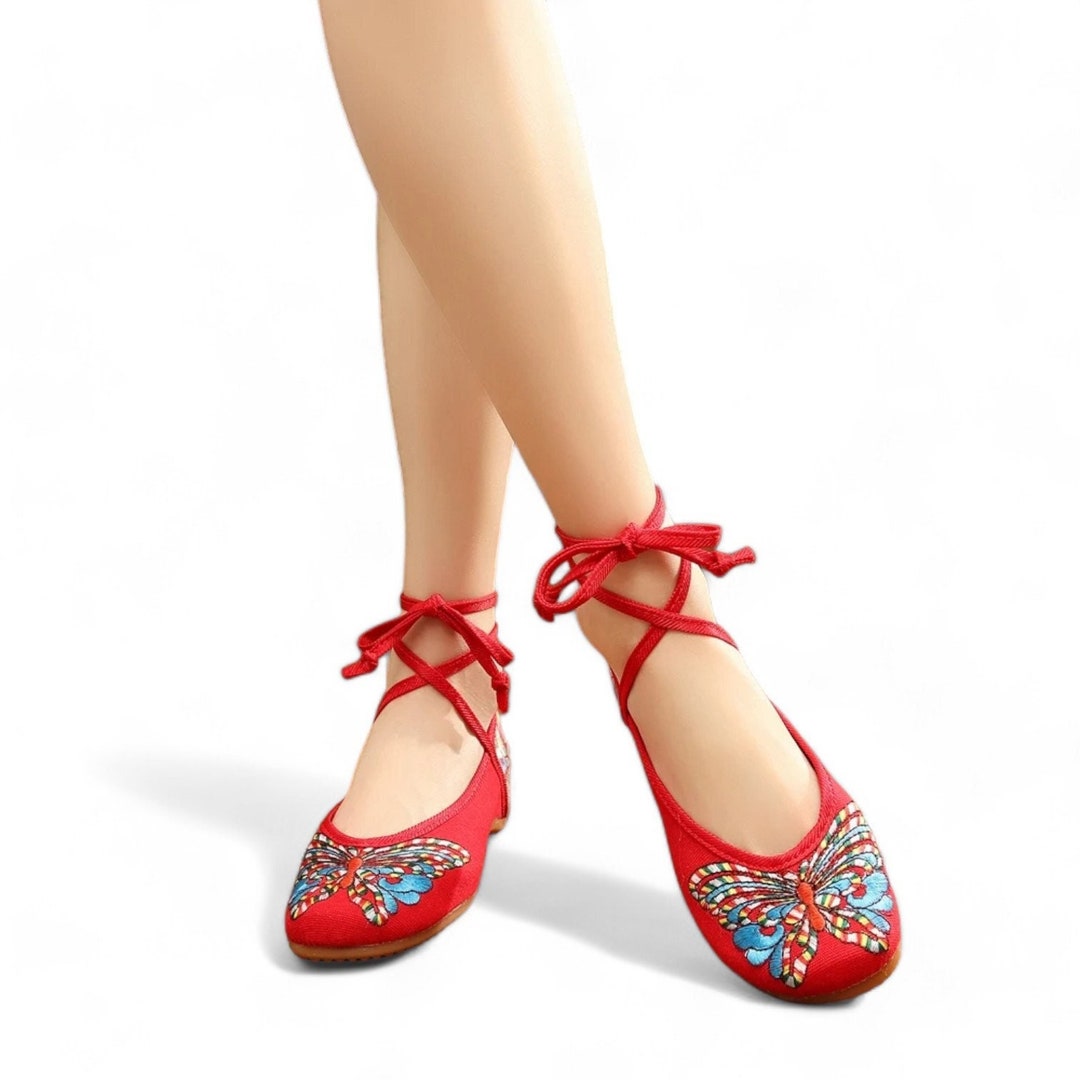 Red Ballet Flats With Colorful Embroidered Butterfly Lace up Ankle ...