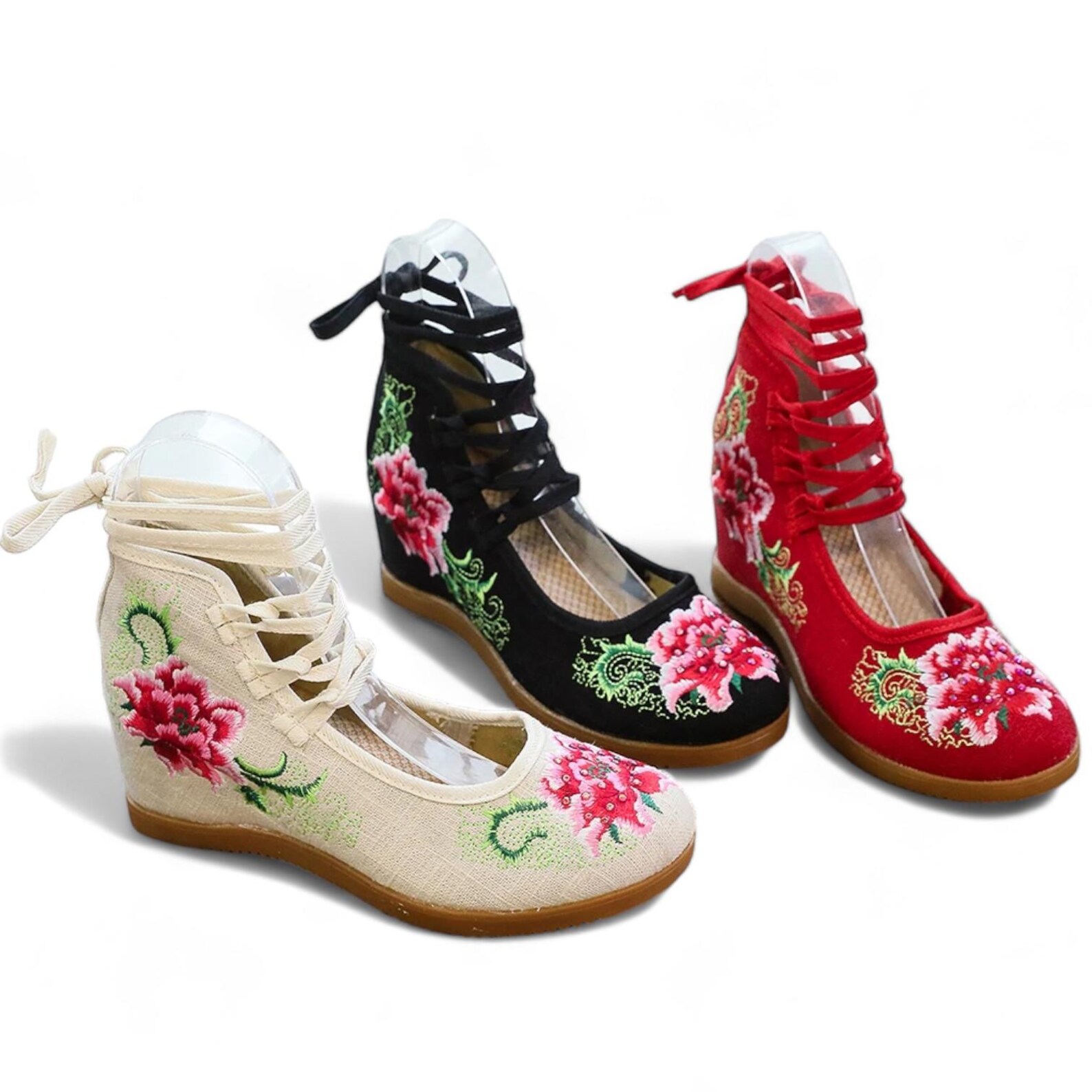 White Hand Embroidered Cotton Canvas Raised Heel Sandals | Hidden Wedge ...