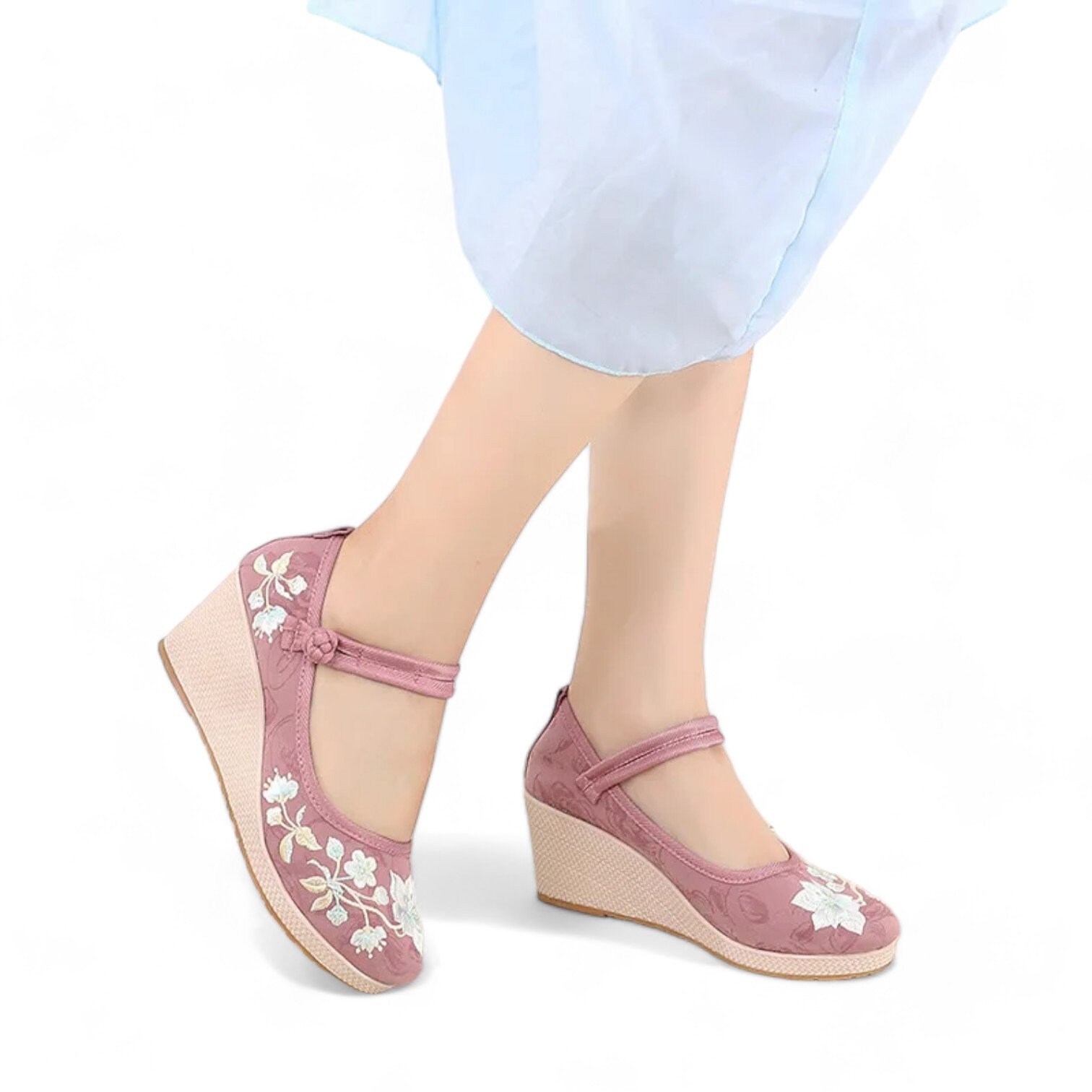 Dark Gray Wedge Platform Heel Shoes for Women Hand Embroidered Floral ...