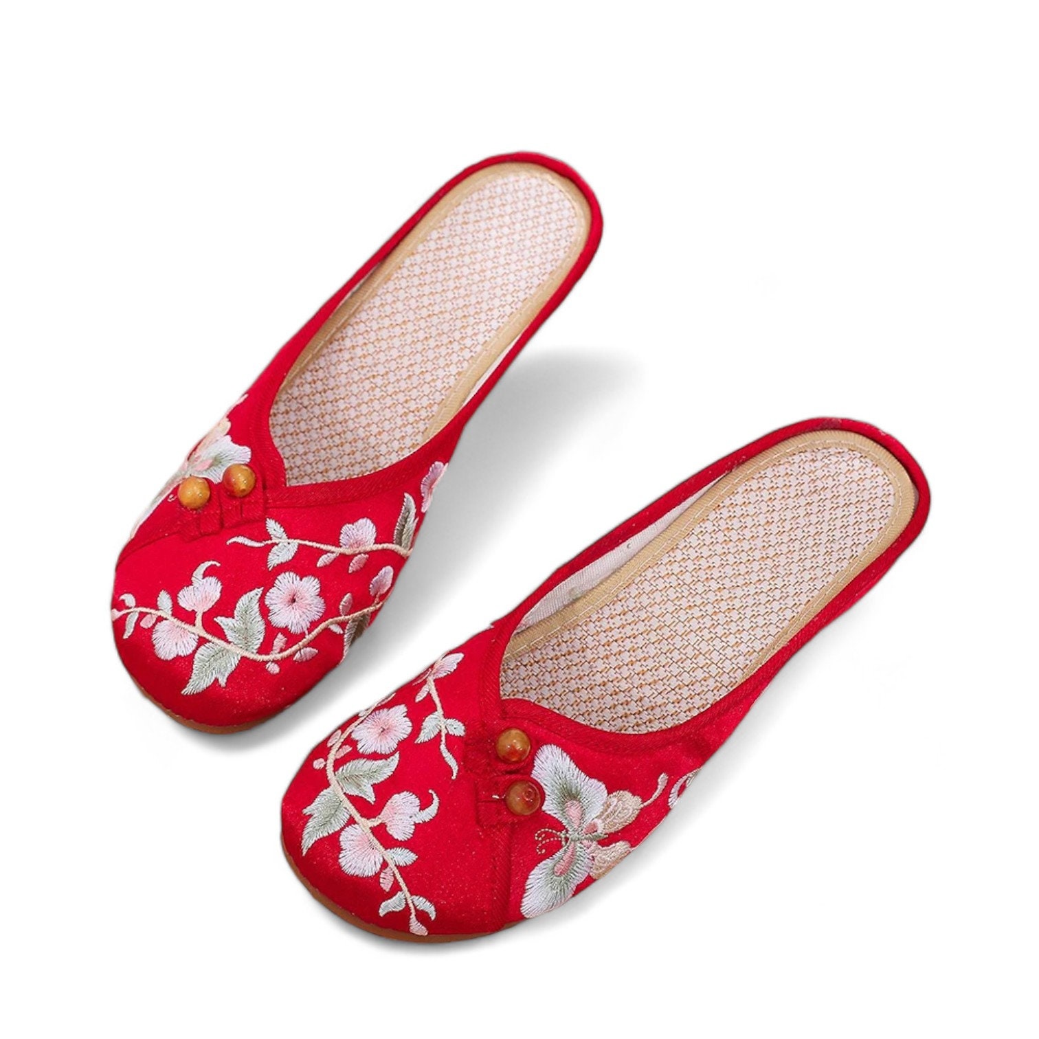 Soft Fabric Embroidered Closed Toe Flat Slippers Comfortable Casual ...