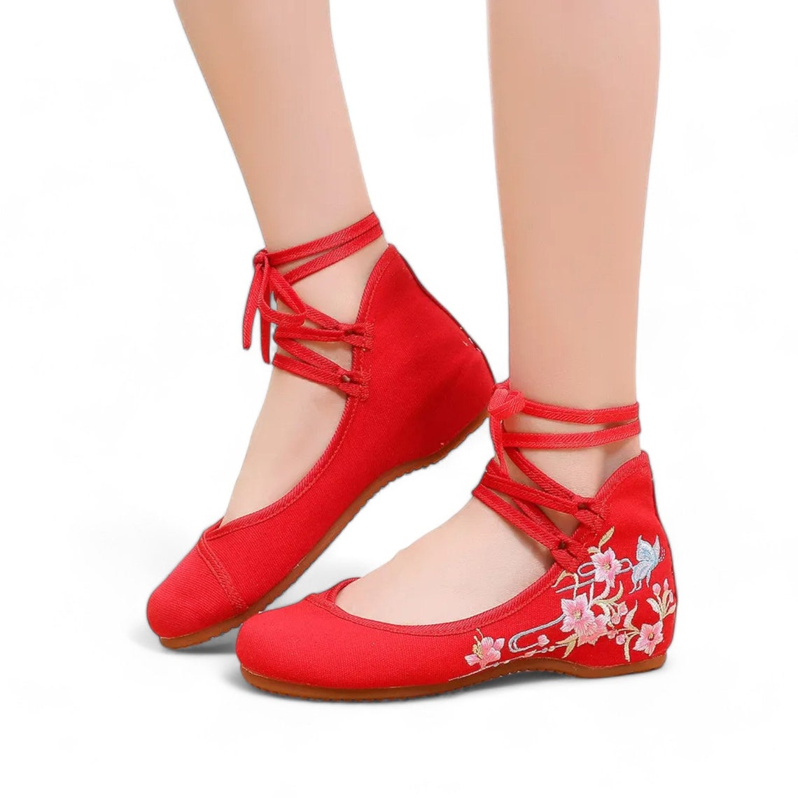 Black Ballet Flats Embroidered Comfortable Canvas Flats Casual Traditional Feminine ...