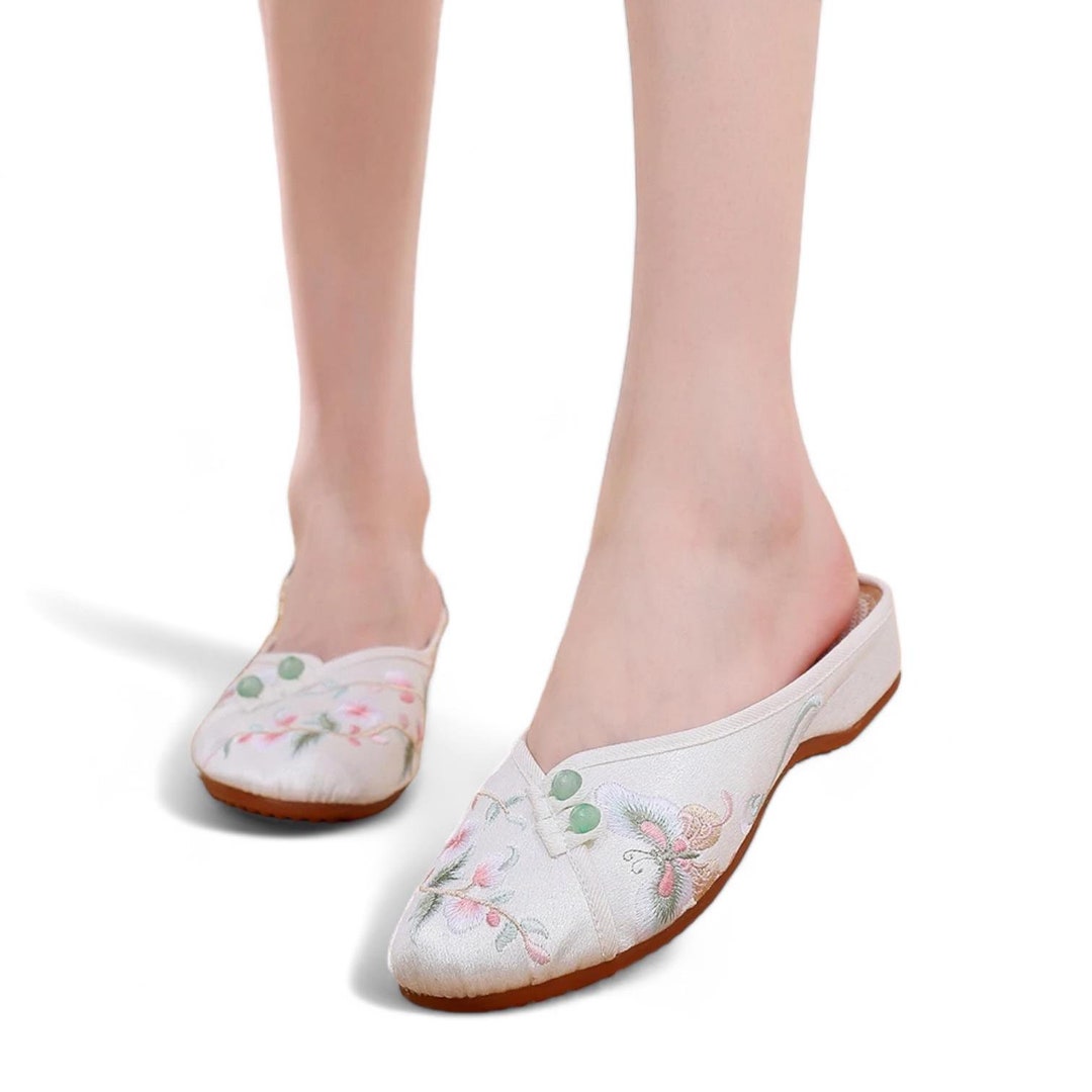 White Silky Slippers With Floral and Butterfly Embroidery & Faux Jade ...