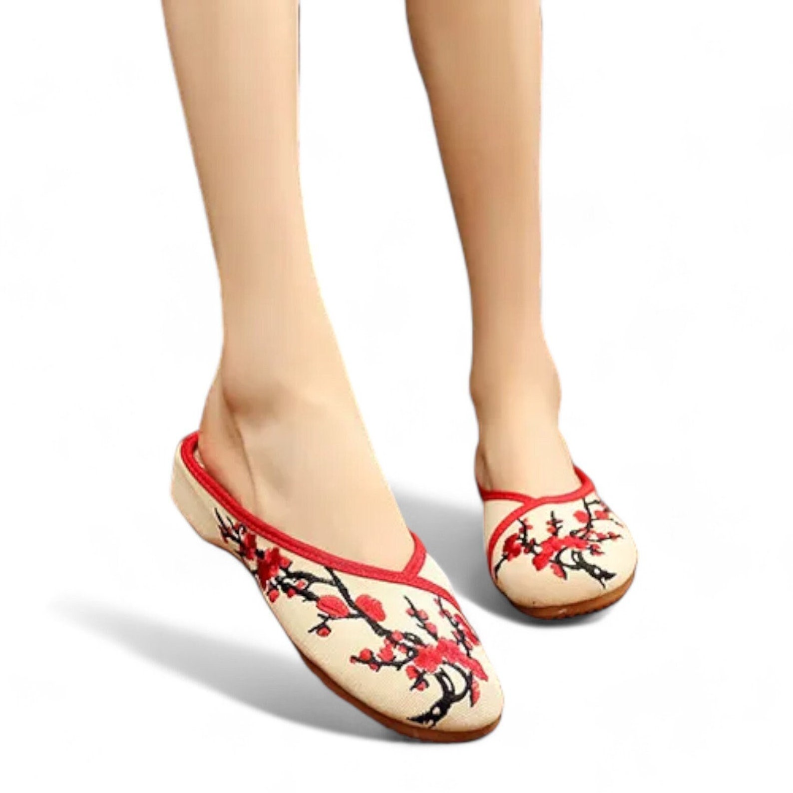 White & Red Embroidered Slippers With Sakura Plum Blossom Design Womens ...