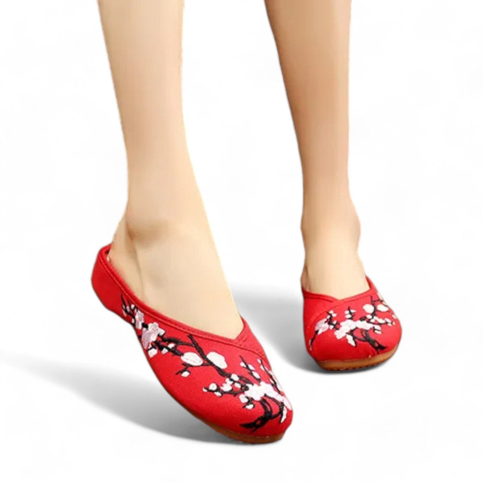 White & Red Embroidered Slippers With Sakura Plum Blossom Design Womens ...